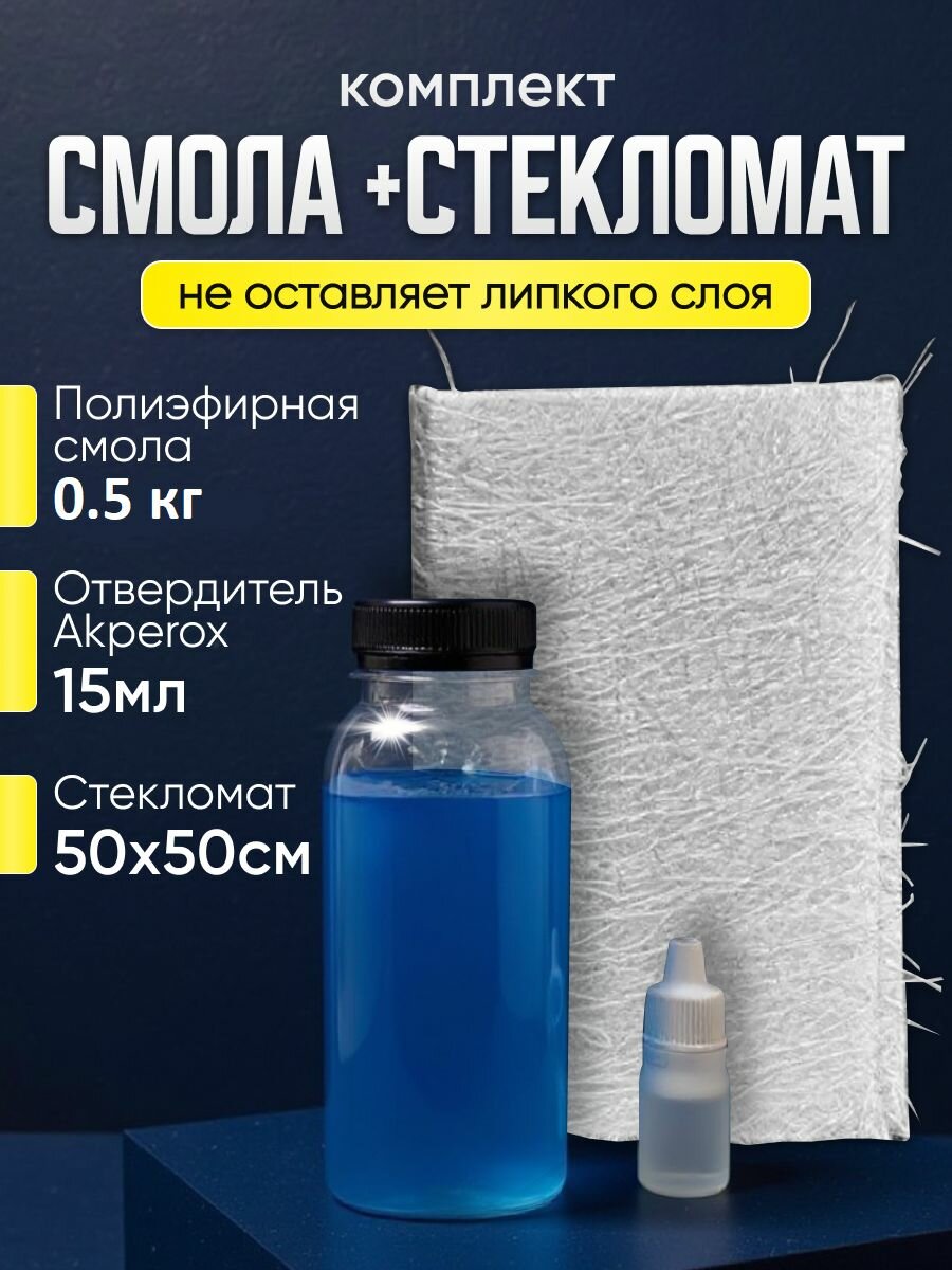 Полиэфирная смола 0,5кг, отведитель15мл, стекломат. Набор для ремонта авто полиэфирка с отвердителем ремкомплект