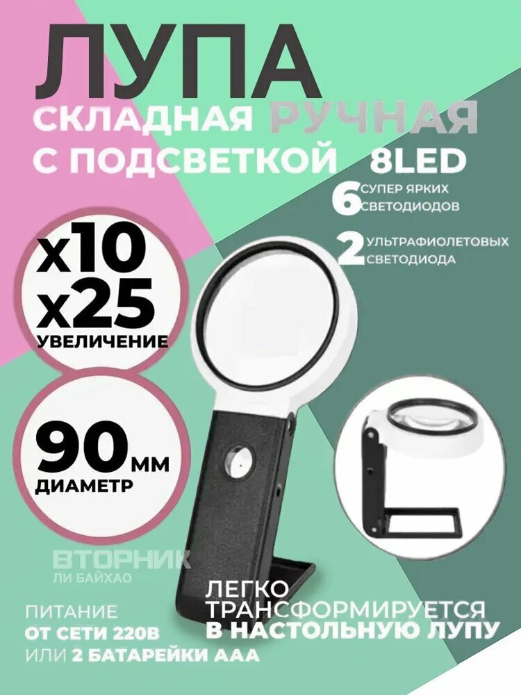 Лупа 25-кратная, диаметр: 90 мм