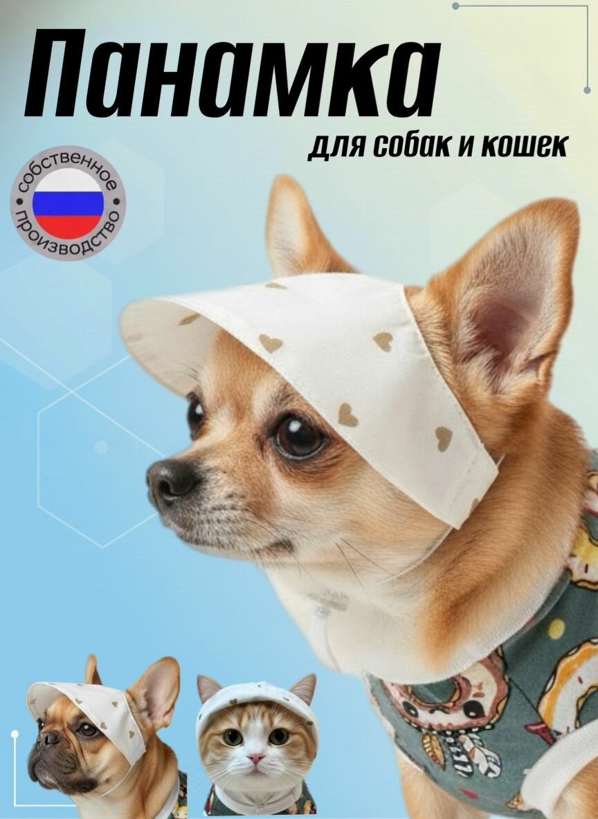 Кепка-панамка от солнца для собак и кошек. Коричневые сердечки на белом