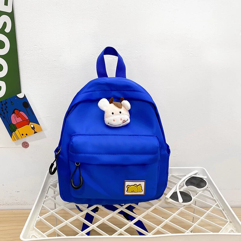 Универсальный синий школьный рюкзак для детей 3-6 лет с брелоком-коровой