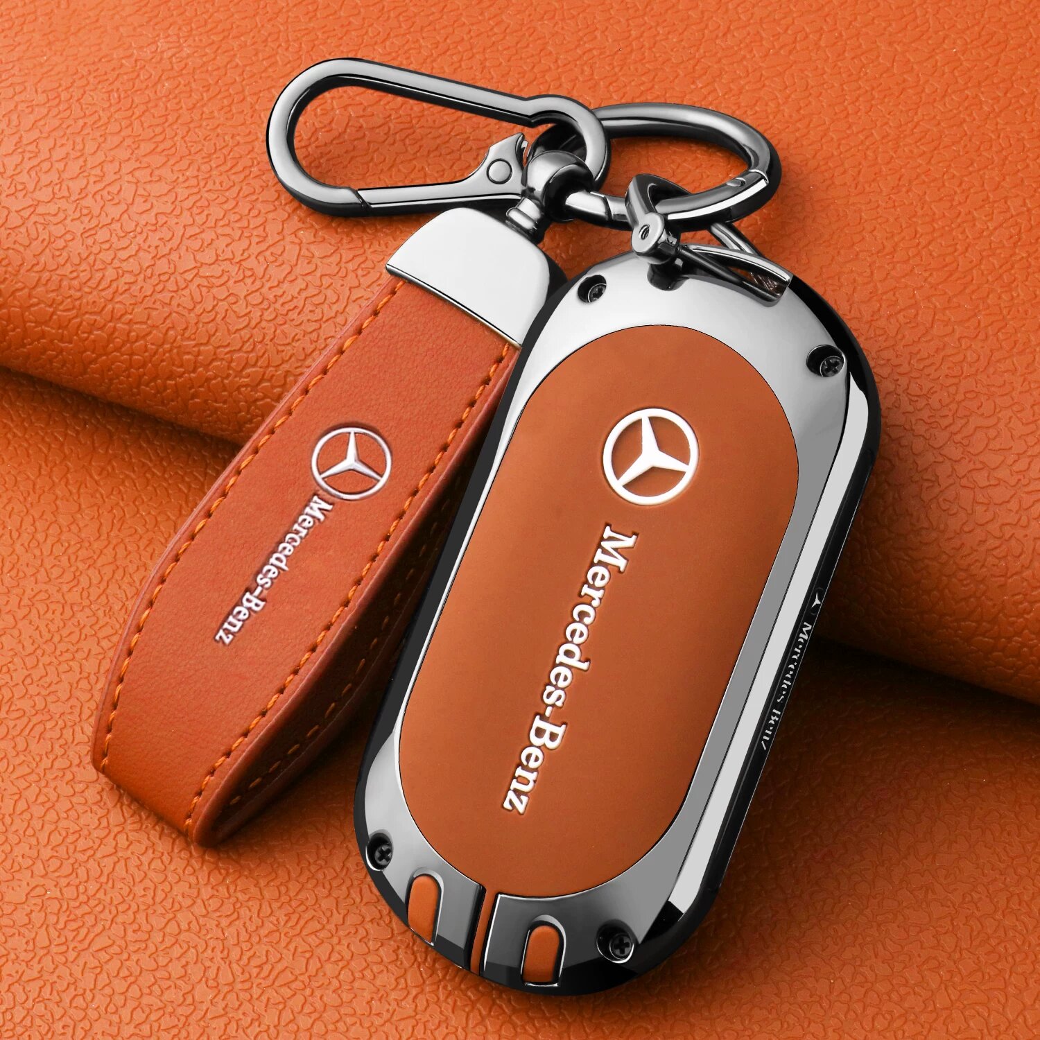 Чехол для ключа Mercedes-Benz D-стиль с силиконовой внутренней частью и металлическим корпусом, с ремешком, оранжевый -