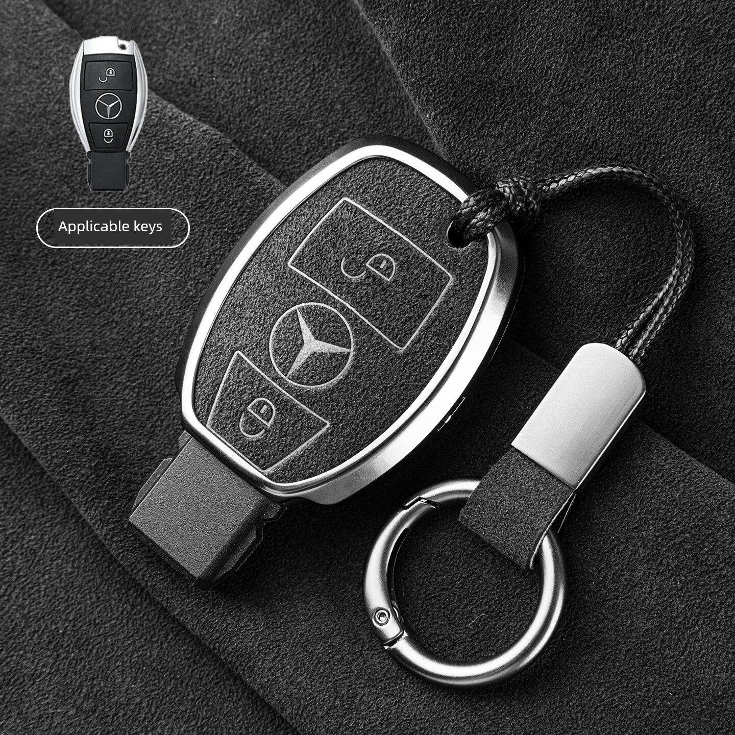 Ключевой браслет Mercedes C-Класс 2-кнопочный, итальянский Alcantara, серый угольный шнурок для ключей