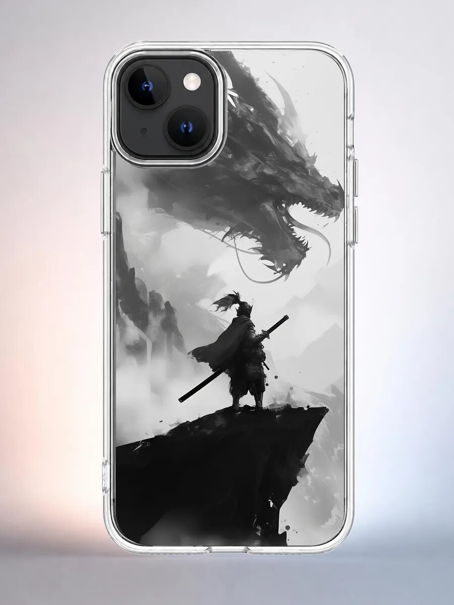 Чехол iPhone 15 Самурай и дракон силиконовый прозрачный