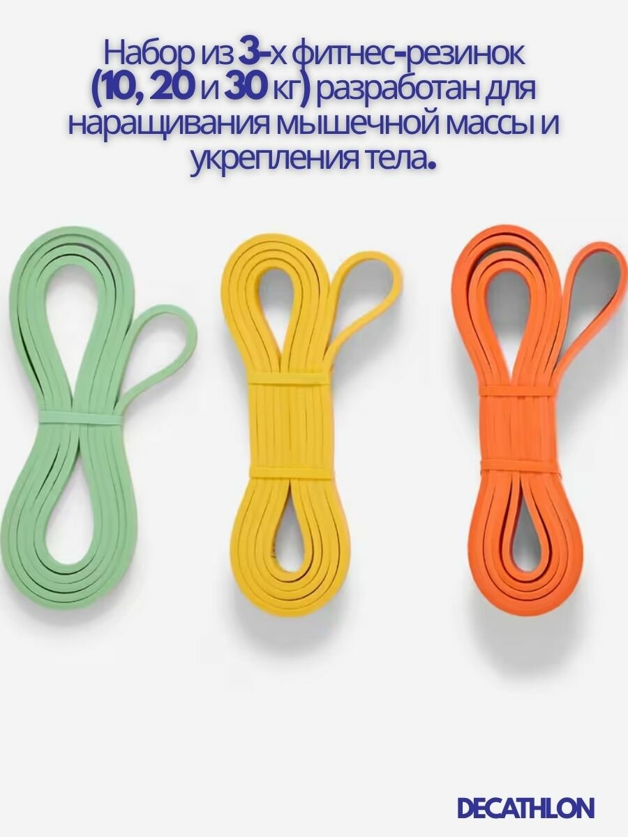 Decathlon Набор фитнес-резинок 3 шт (10/20/30 кг) Эспандер для тренировок, мышц и силы, Салатовый/Желтый/Оранжевый