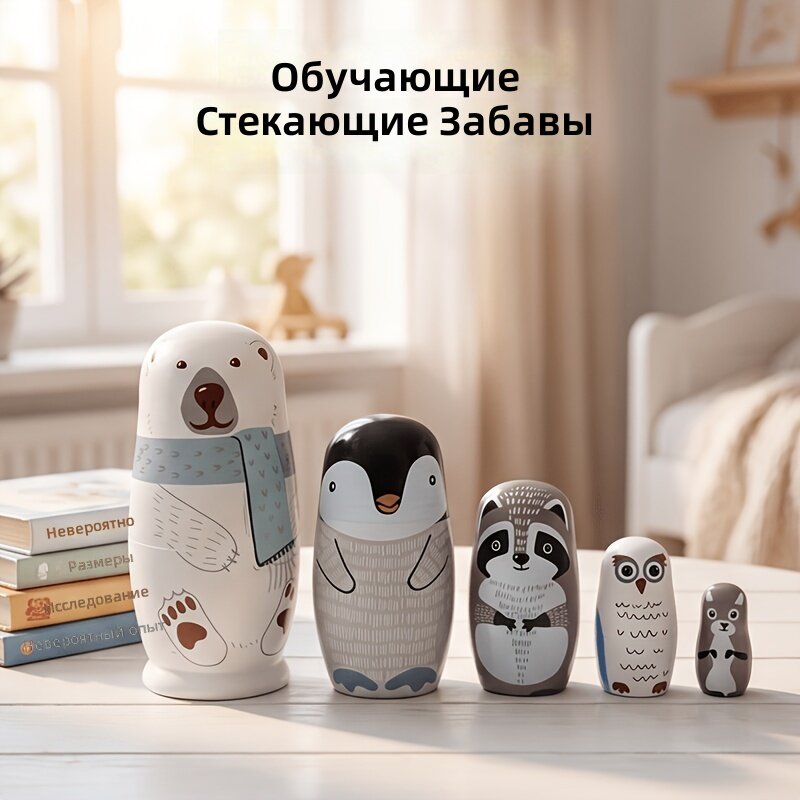 Набор матрёшек (5 шт.) — игрушка-головоломка для детей, с рисунками белого медведя и жёлтого льва.