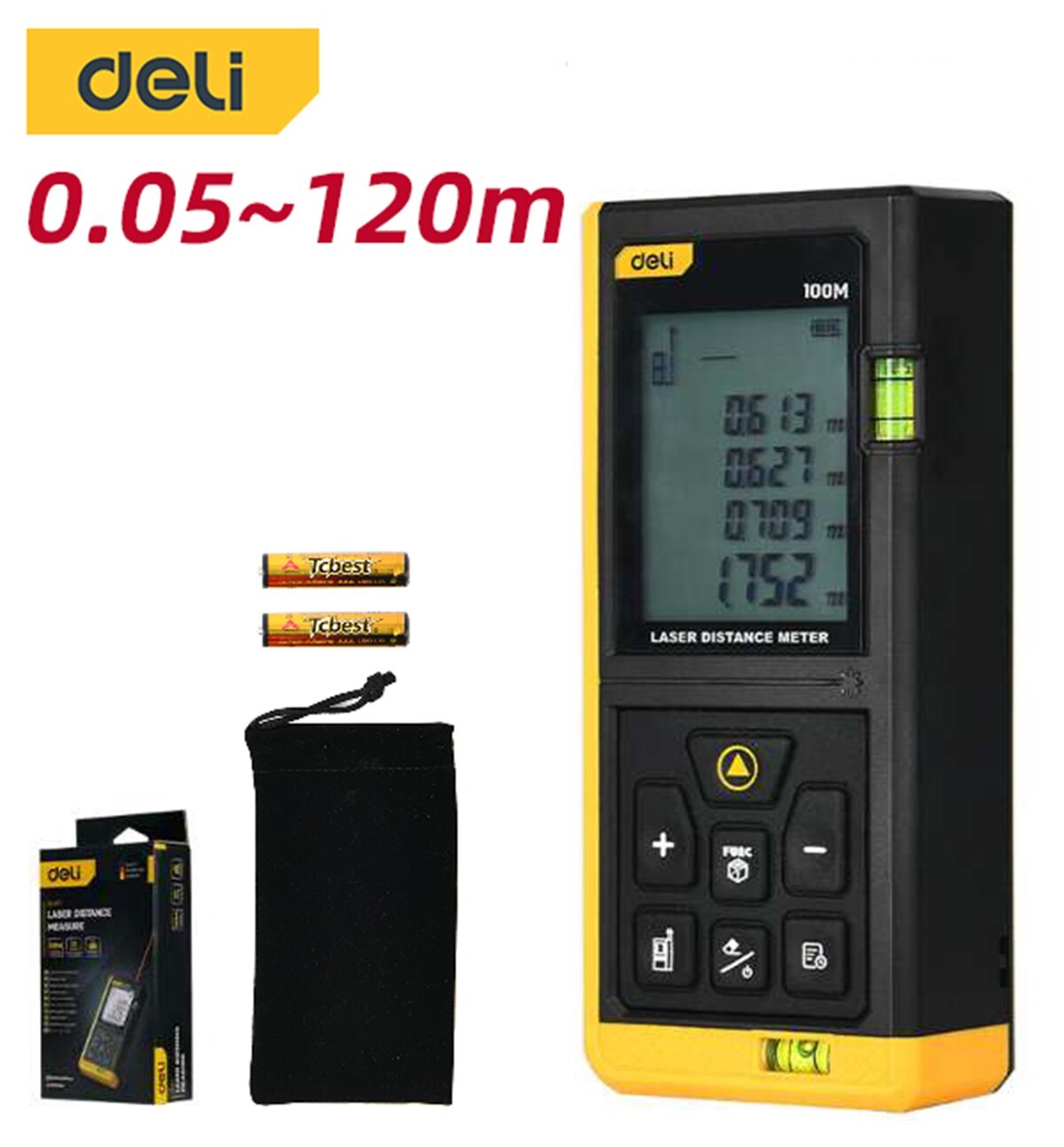 Лазерный дальномер Deli DL4171 (Диапазон измерения 0,05-120м, точность 3мм, дисплей 1,7 дюймов, авто. отключение)