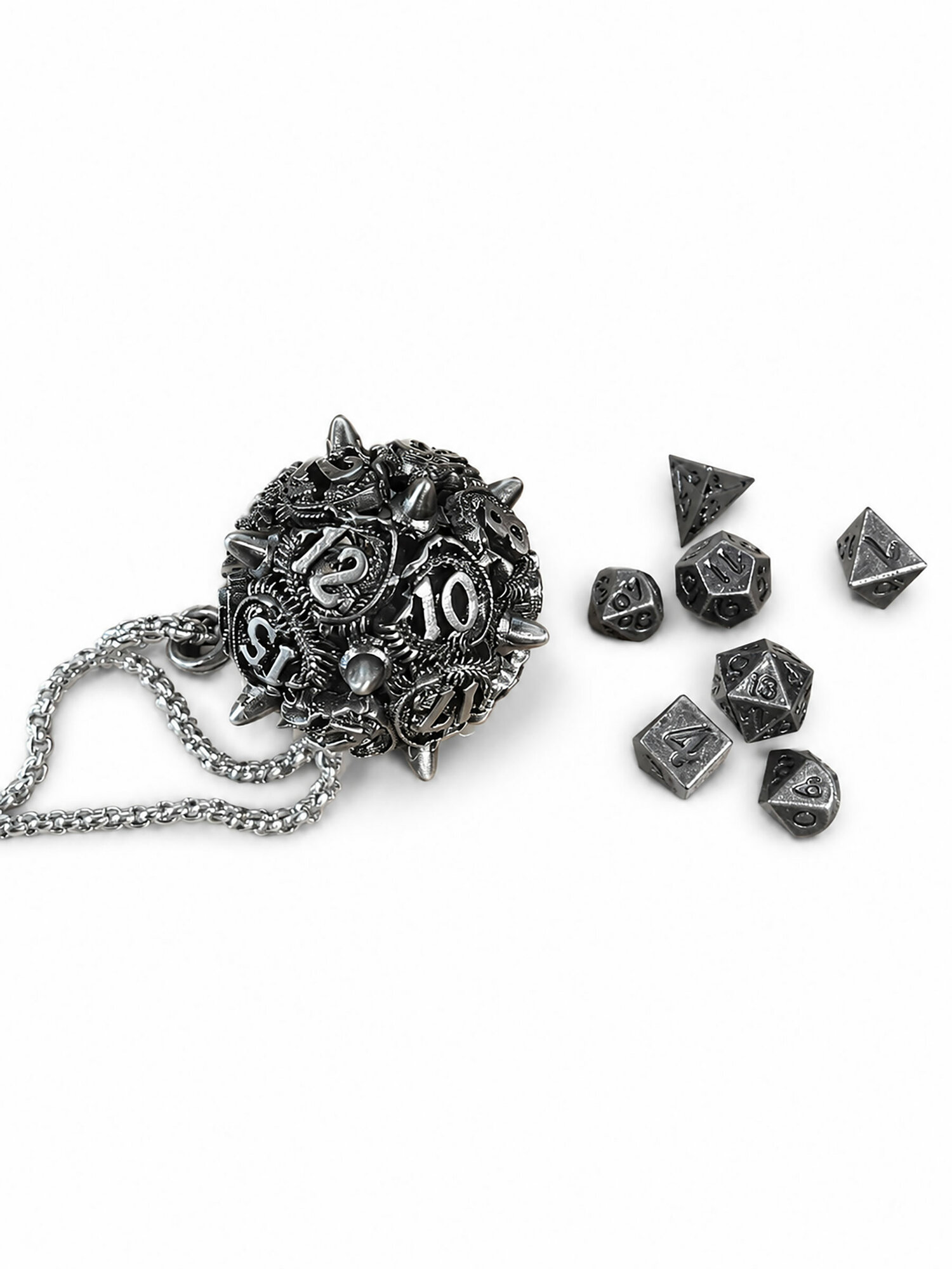 Набор игральных мини кубиков STUFF PRO металлические 7 шт, с кейсом в форме дайса Метеорный молот, Никель