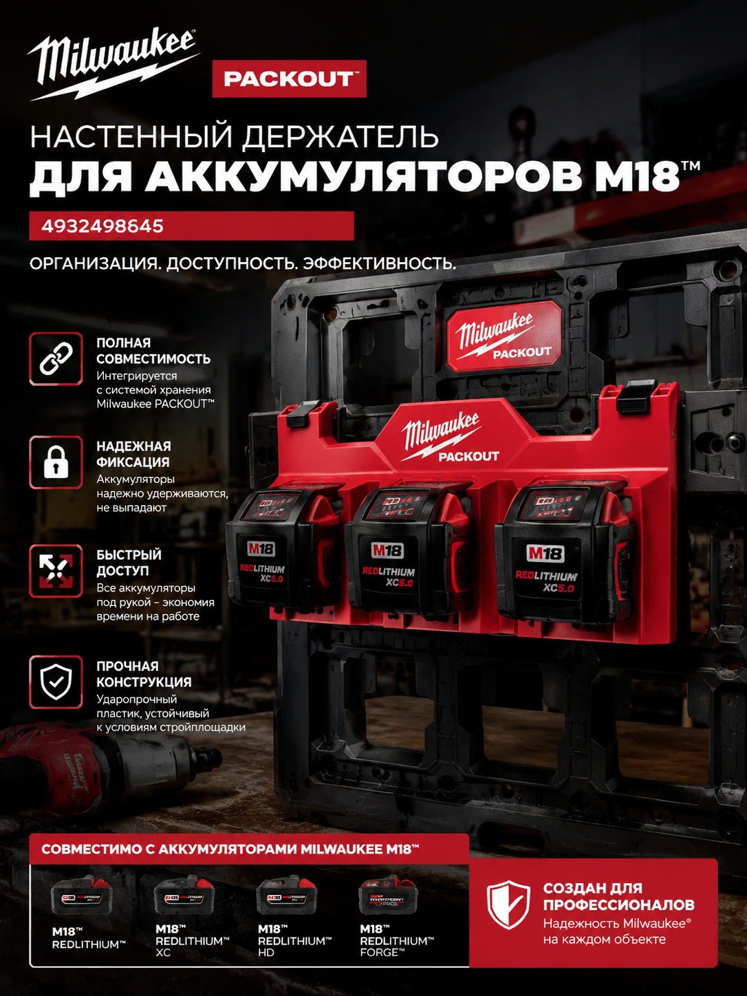 Milwaukee 4932498645 PACKOUT Ящик для инструментов Присоединение к стойке аккумулятора M18