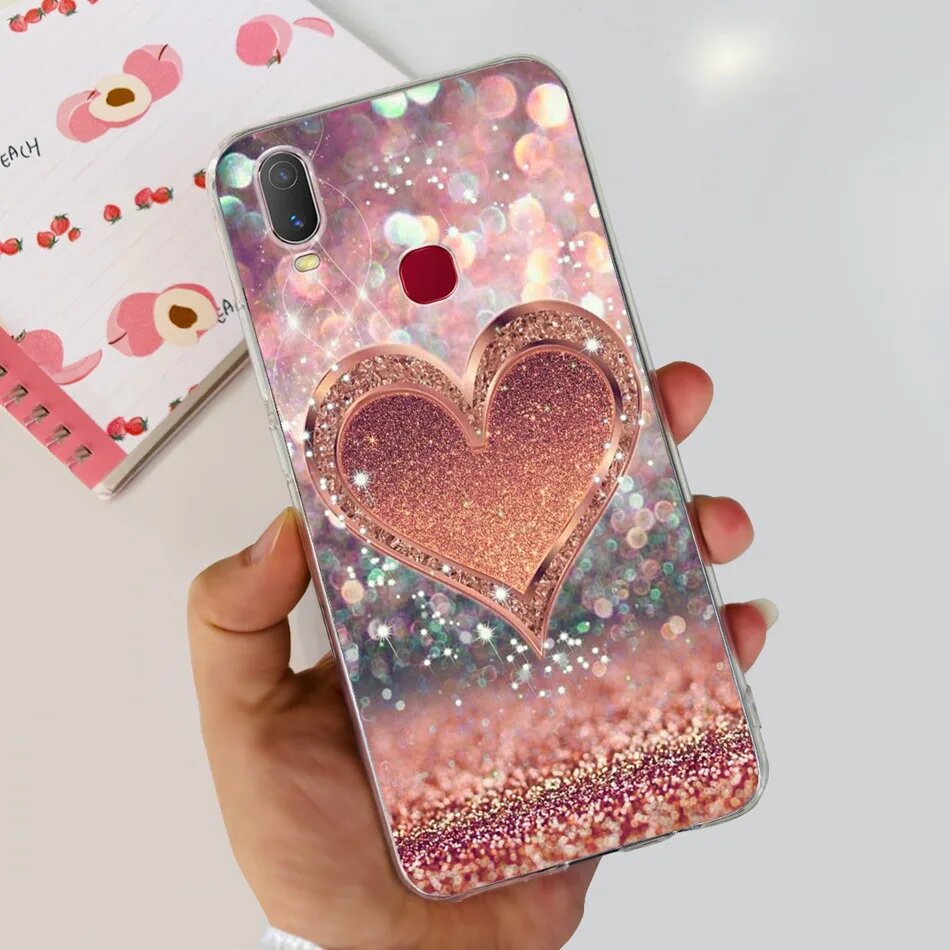 Розовый чехол Vivo Y11/Y12i с сердцем и блестками