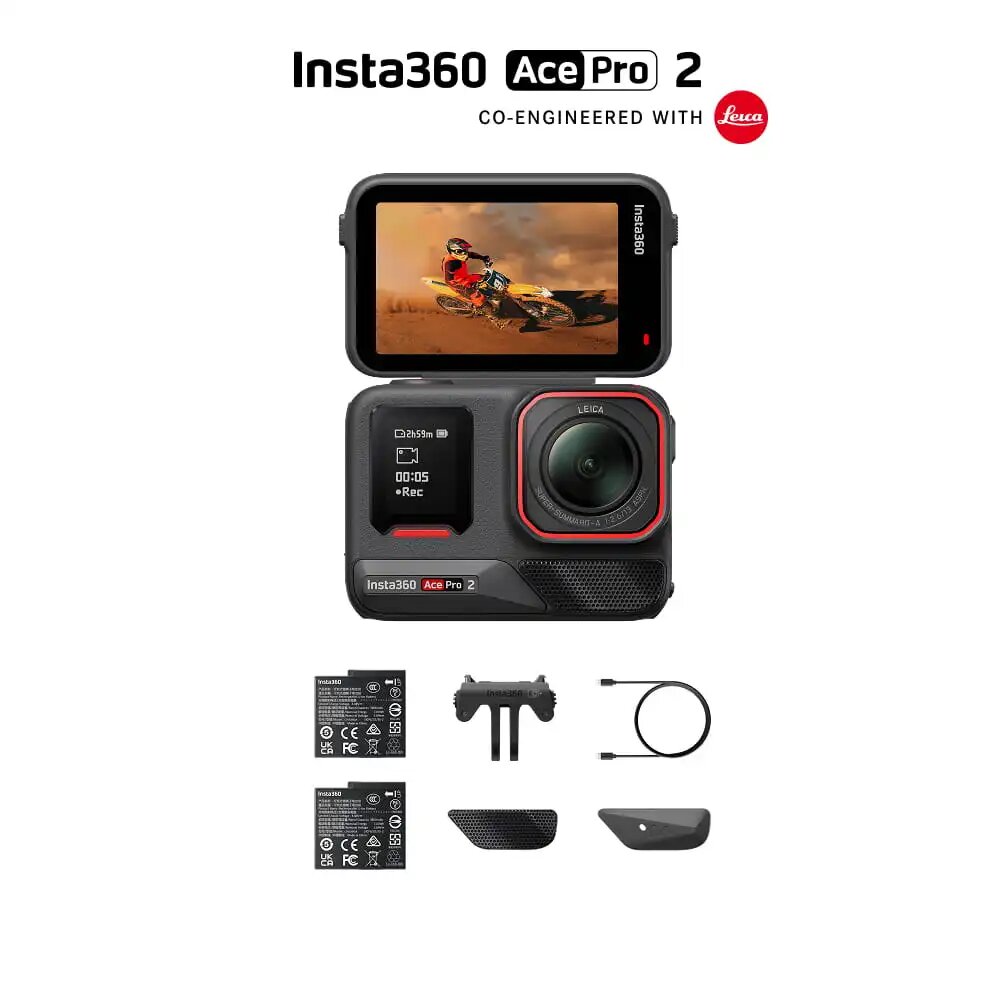 Экшн-камера Insta360 Ace Pro 2, две батарейки, разрешение 8K, сенсор 48 Мп, влагозащита
