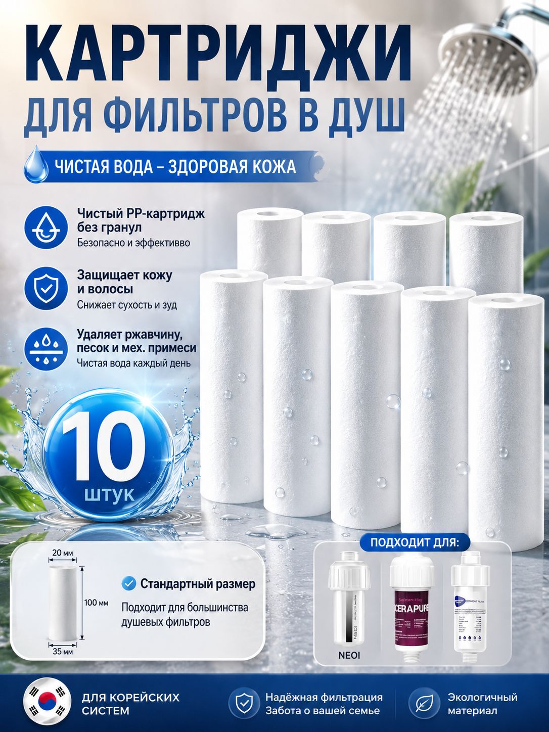 Сменный картридж для душа ПП хлопок 10 дюймов 35/100 мм, внутр. диаметр 20 мм, 10 шт. От ржавчины и песка, для корейских систем