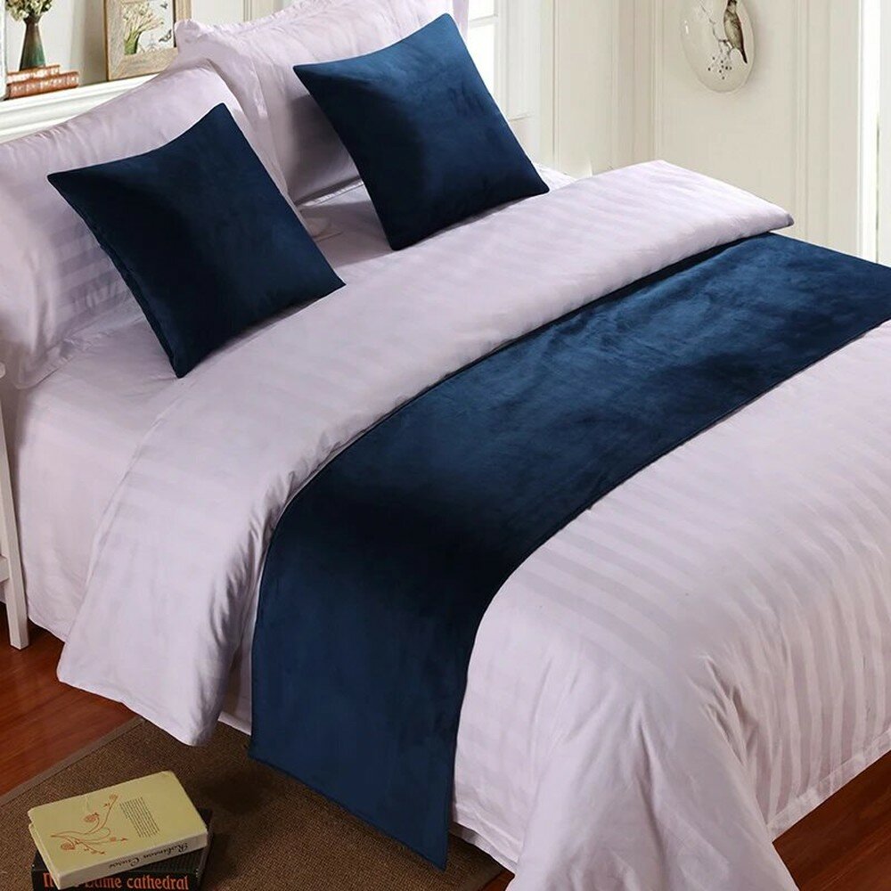 Бархатный покрывало для кровати 45x180 см, Bed Runner 50x210cm, Темно-синий