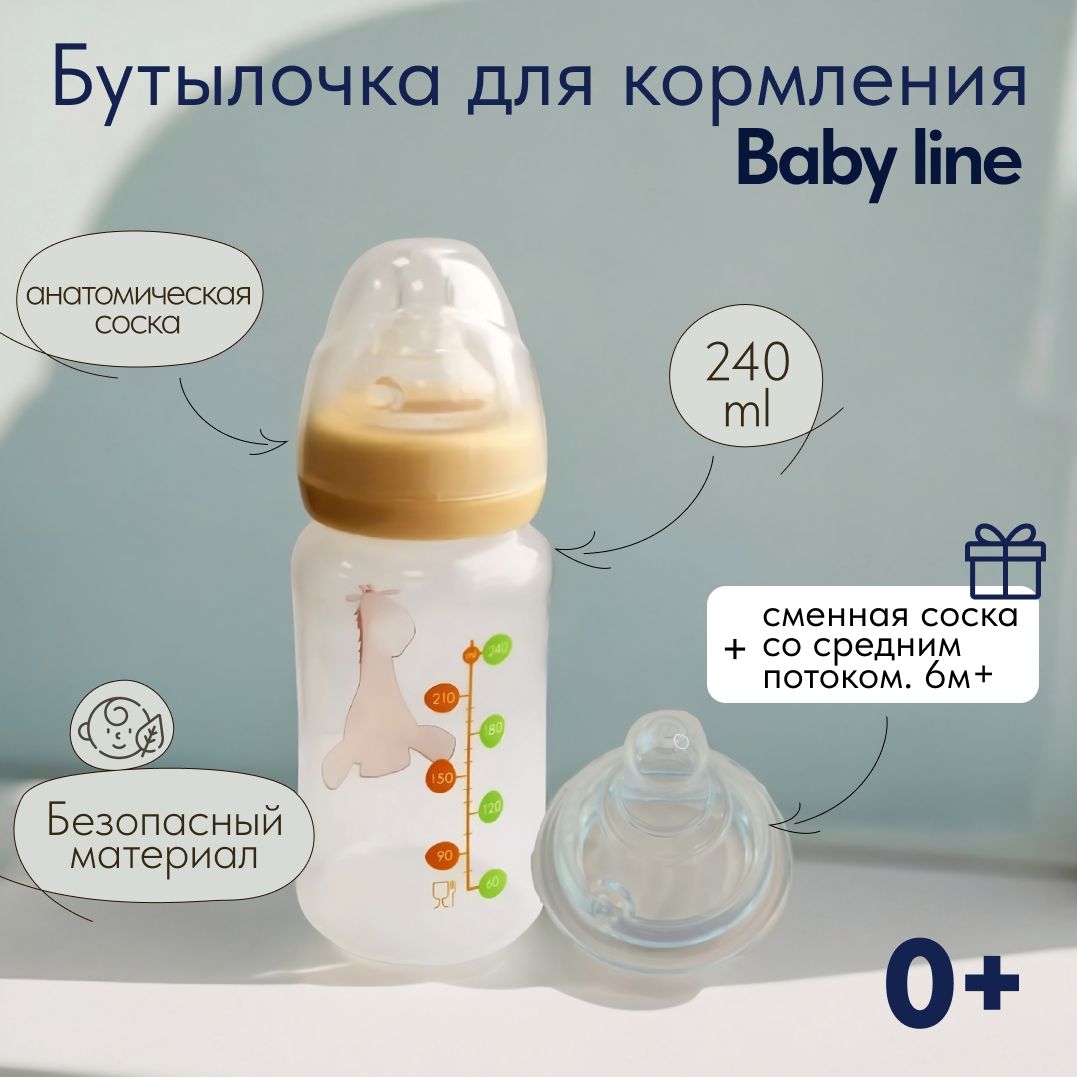 Бутылочка для кормления Babyline 240мл, запасная силиконовая соска 6+, 1шт