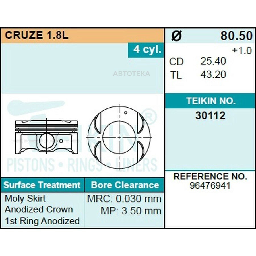 Комплект поршней CRUZE 1.8L STD TEIKIN 30112STD