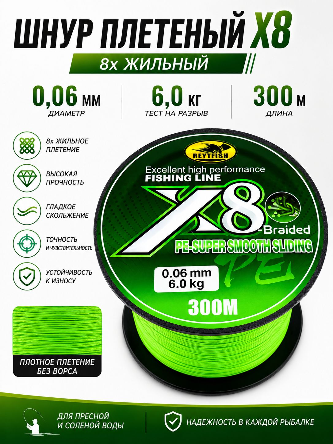 Шнур плетеный для рыбалки 8 жильный 300 м