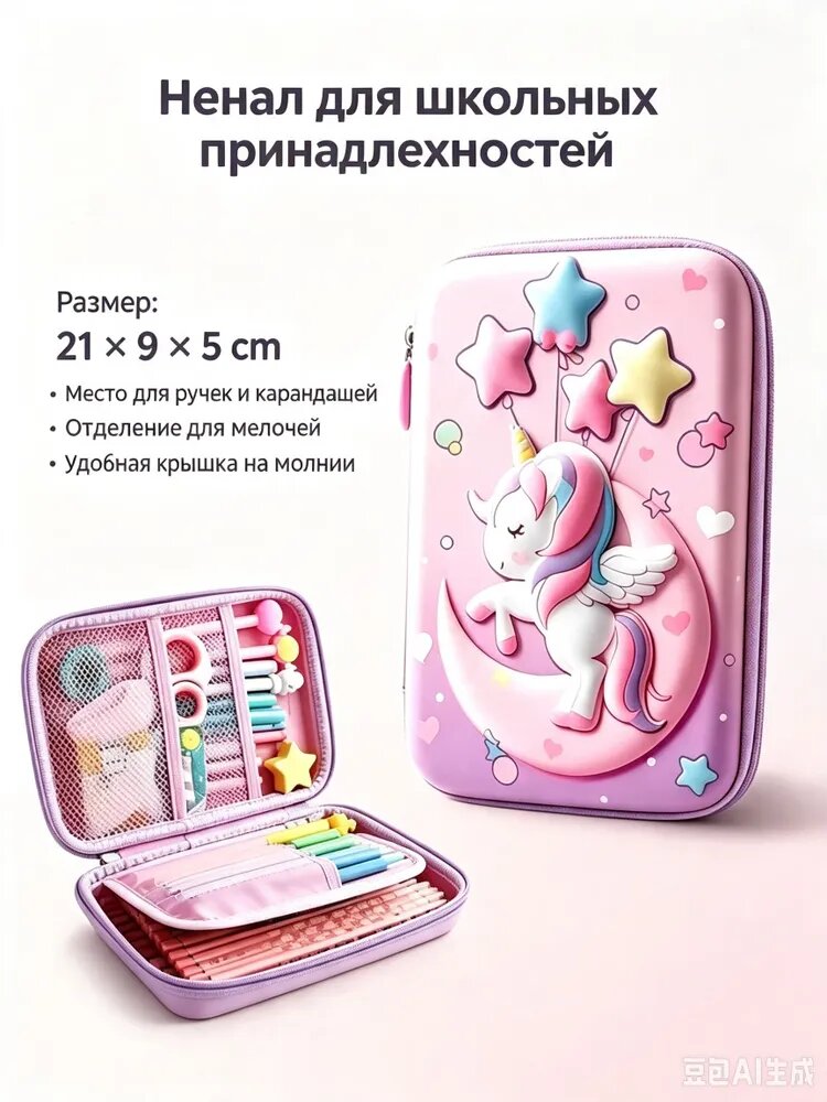 3D Каркасный Пенал Школьный Для Девочки На Молнии, Мультфильм Единорог,23CM *15cm*5cm