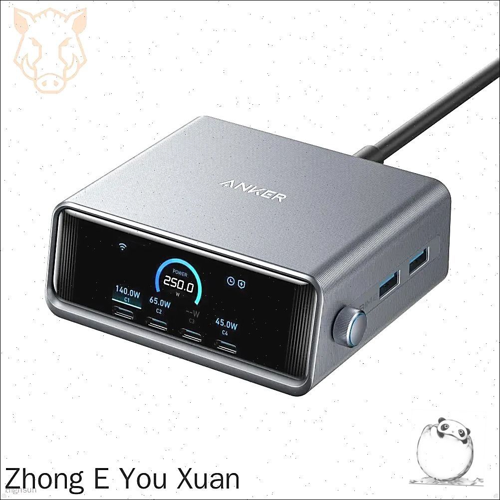 Зарядная станция Prime 250W GaN USB-C, 6 портов, сверхскоростная, с ЖК-дисплеем 2,26 дюйма