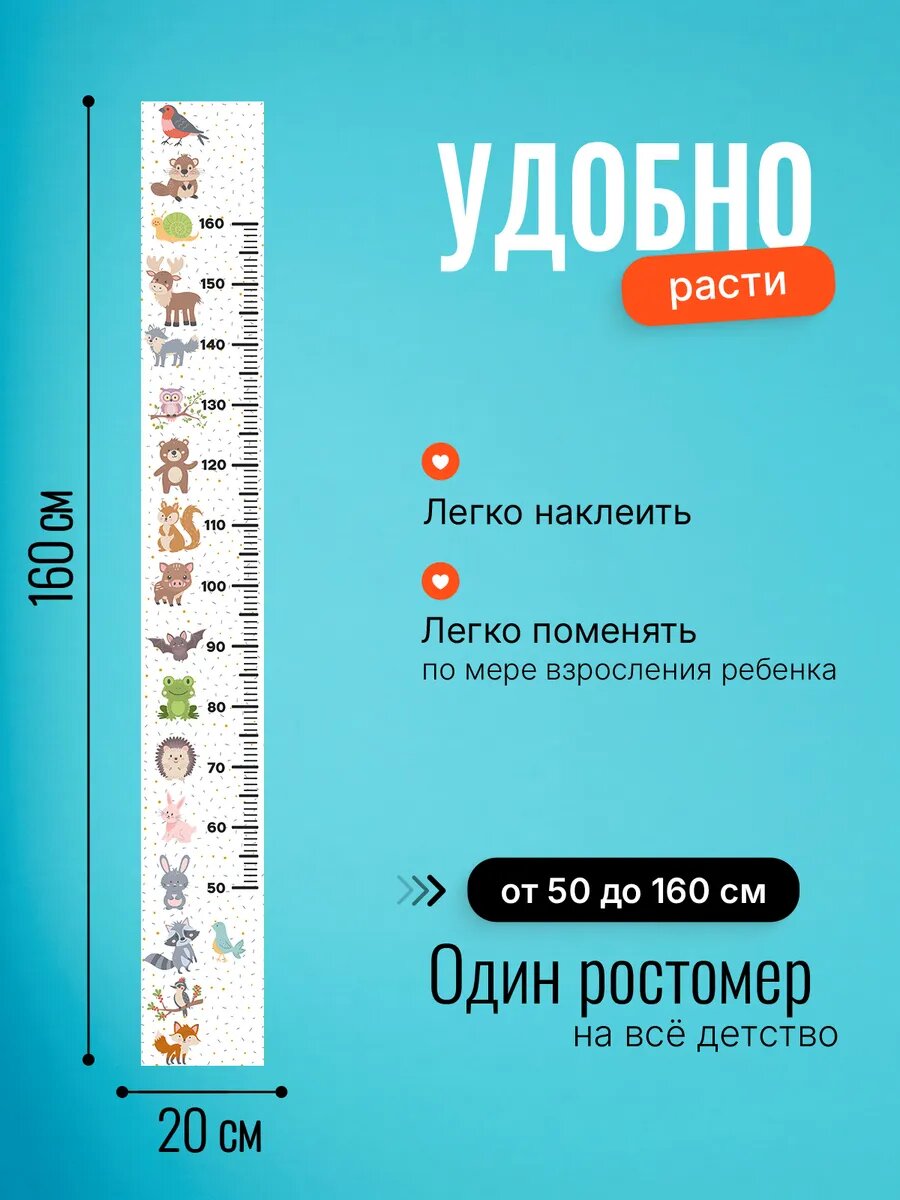 Детская наклейка ростомер на стену Монстрики 20х160 см