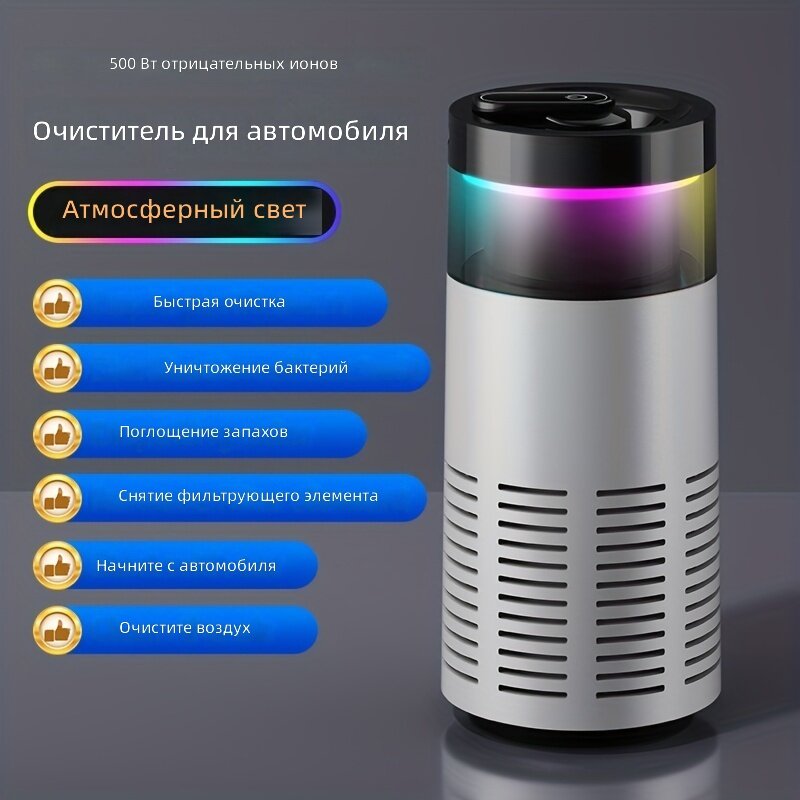 Портативный мини-очиститель воздуха для автомобиля с питанием от USB, функцией отрицательных ионов и светодиодной подсветкой, белый