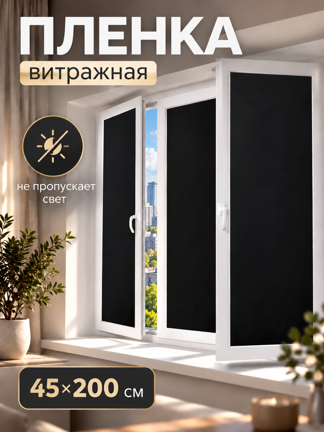 Плёнка витражная статическая для окон «Затмение», светонепроницаемая, 45×200 см, чёрная