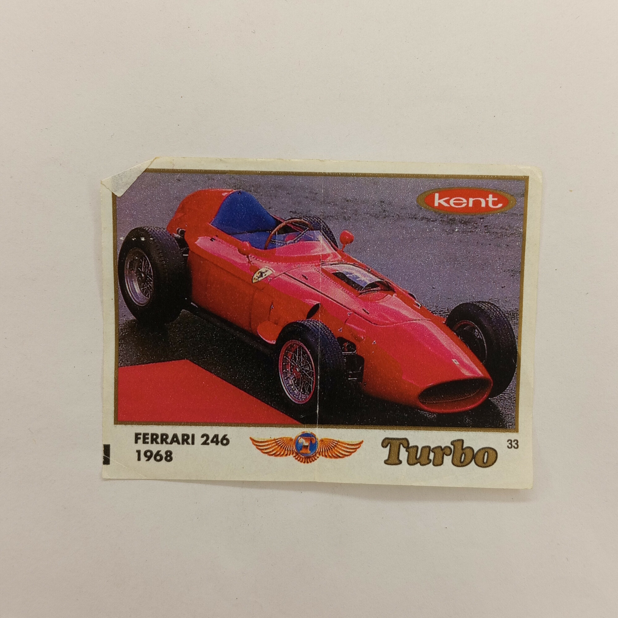 Вкладыш жевательной резинки винтажный. Ferrari 246, гоночный автомобиль, автоспорт. Коллекционный