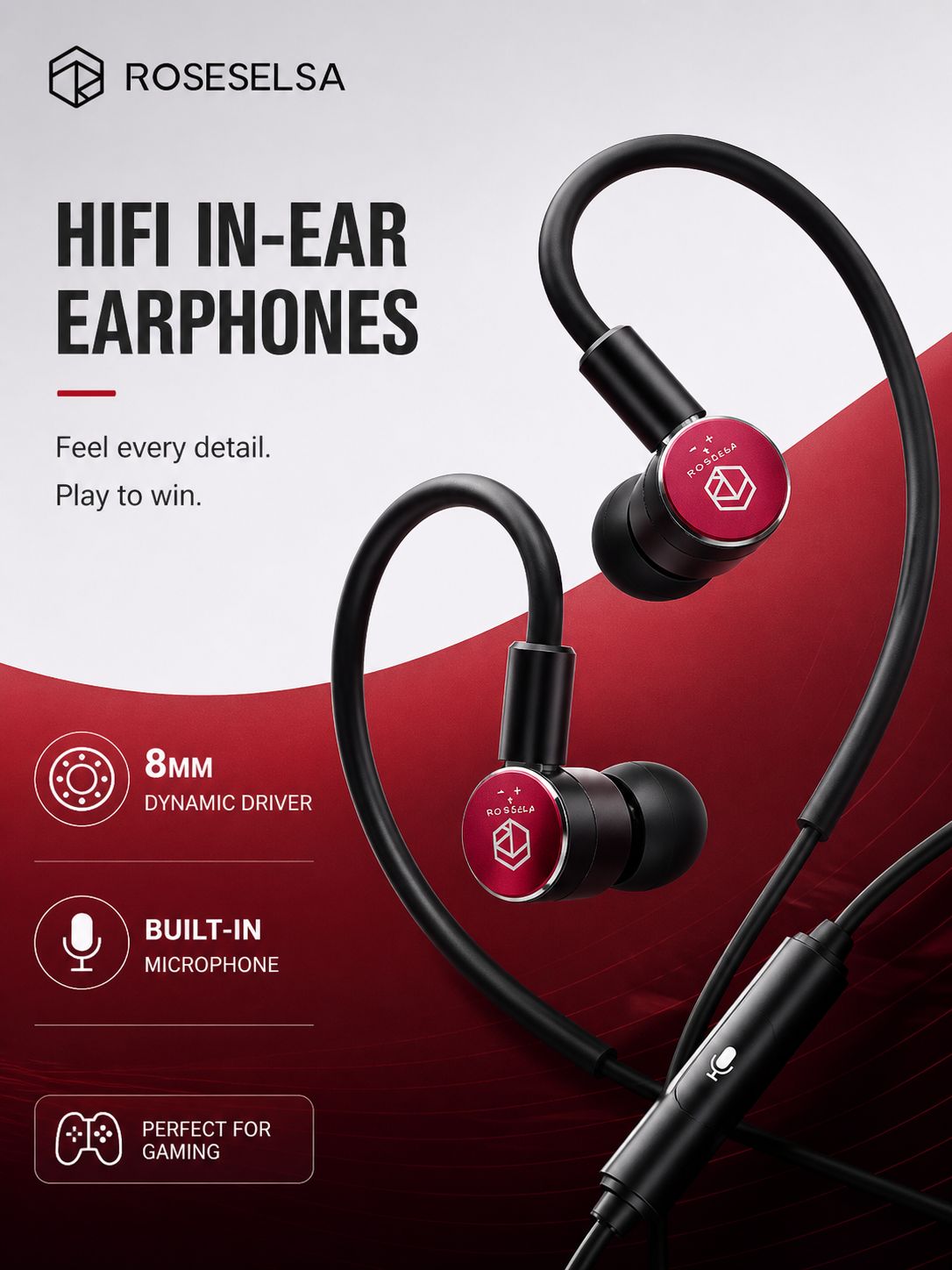 Игровые проводные наушники внутриканальные Rose Technics Photon, Hi-Fi IEM гарнитура с микрофоном для геймеров (Тесла-динамик, 3.5мм)