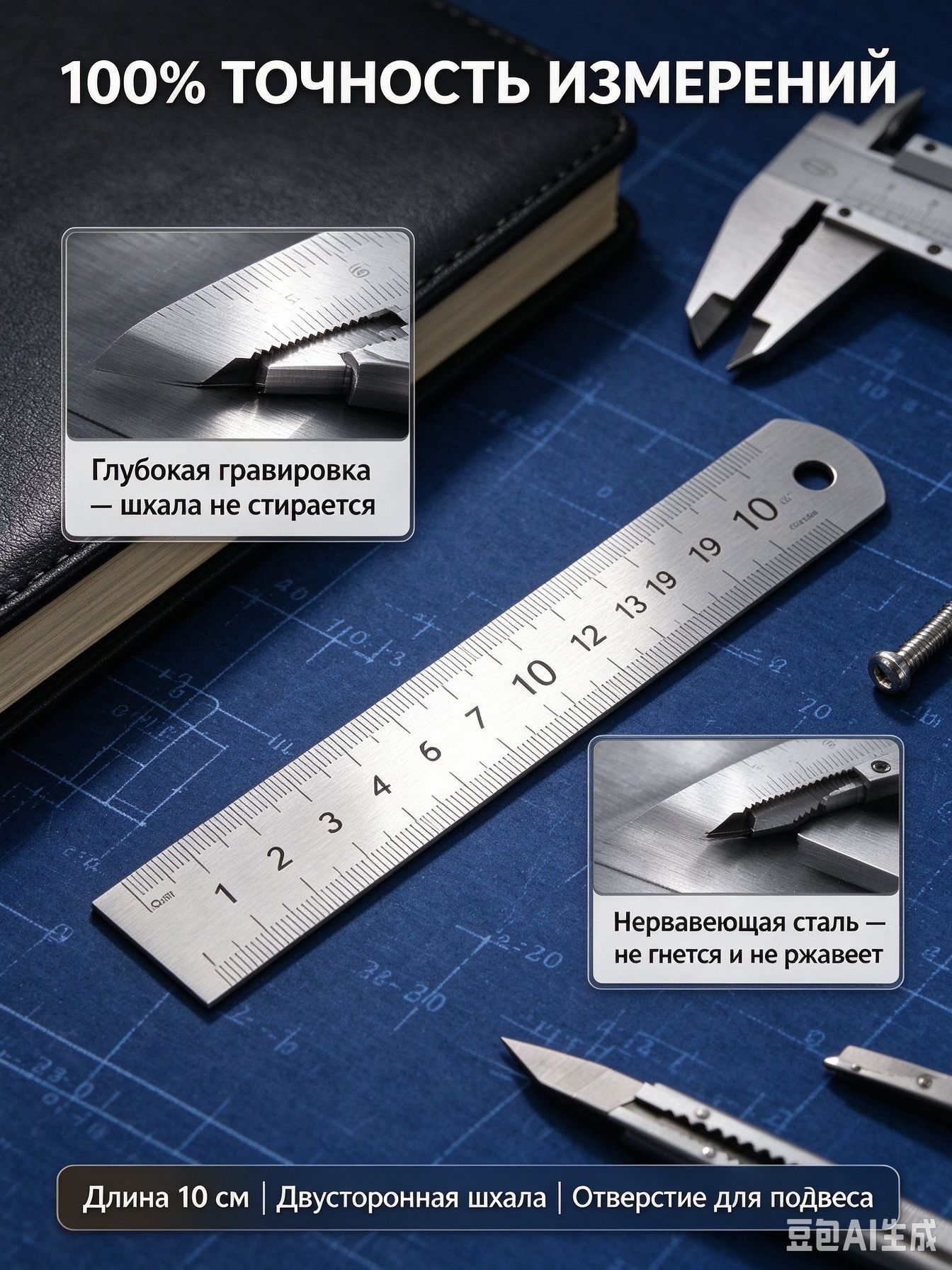 Линейка металлическая 10 см из нержавеющей стали, двусторонняя измерительная шкала мм и см для черчения и моделизма, канцелярская стальная линейка для школы, офиса и рукоделия