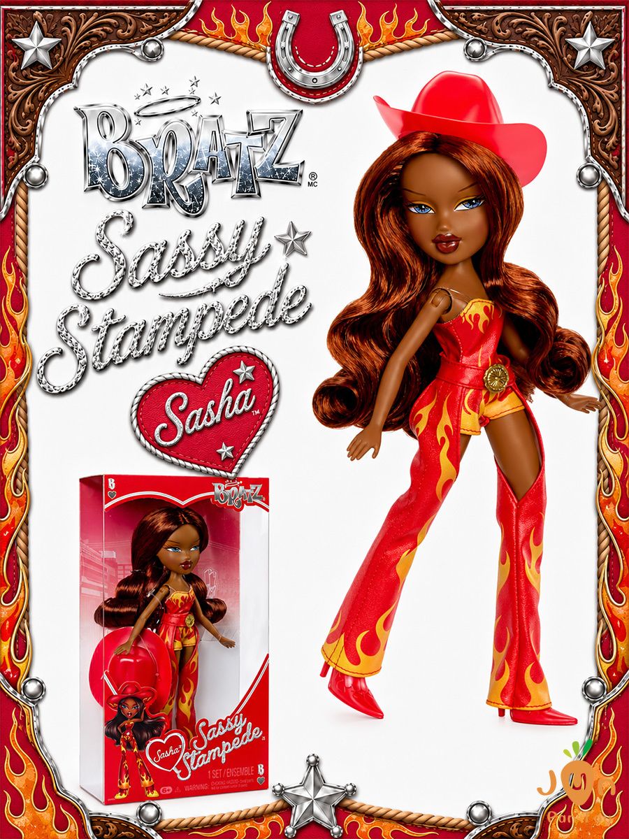 Кукла Bratz Sassy Stampede Sasha, модная кукла Братц Саша в ковбойском стиле, красный костюм с огненным принтом, шляпа и сапоги, коллекционная игрушка для девочки 6+
