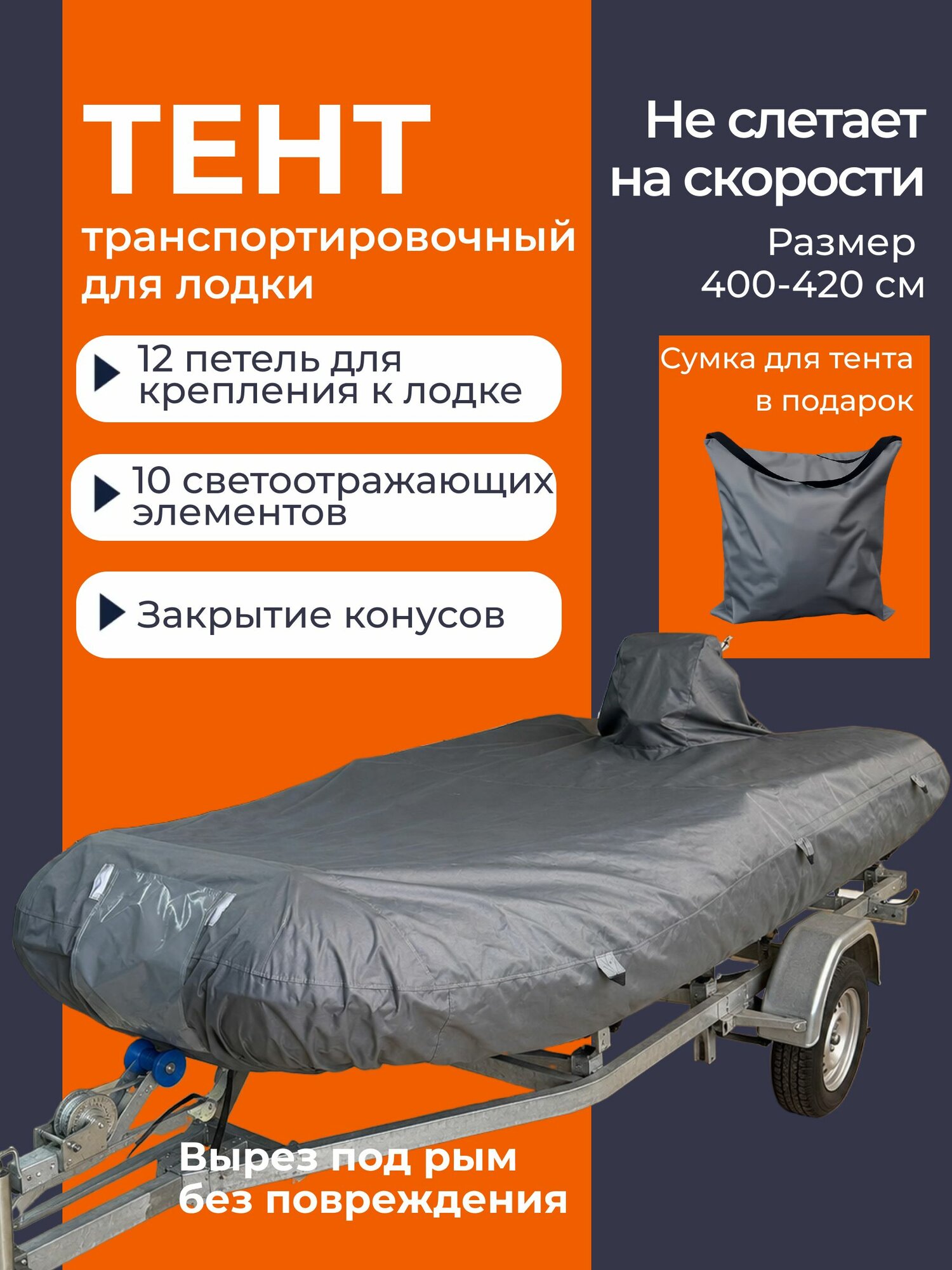 Тент транспортировочный на лодку ПВХ 340-420 см с закрытием конусов, капюшоном под мотор и светоотражающими петлями, Oxford 600D, серый
