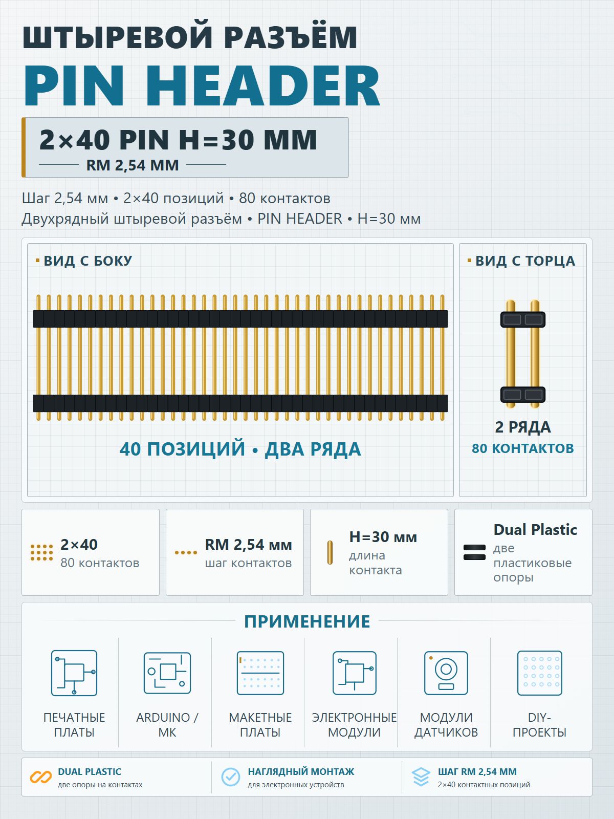 Штыревой разъем PIN HEADER 2x40 контактов, шаг 2.54 мм, высота 30 мм, двойной ряд