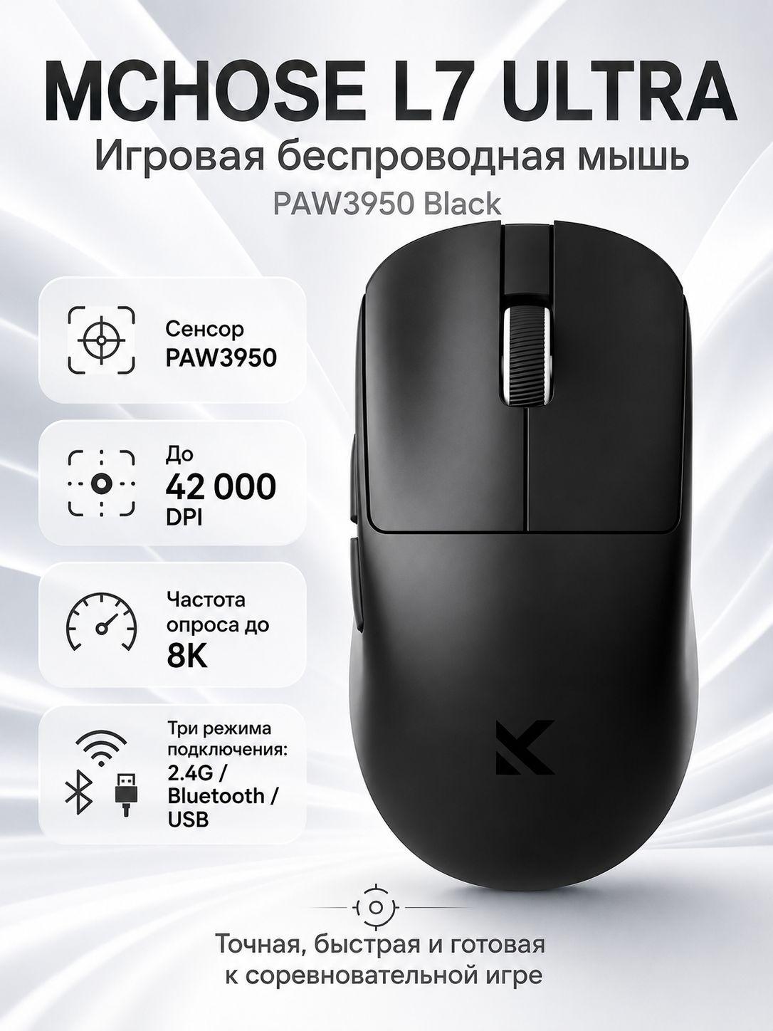 MCHOSE Мышь беспроводная L7 Ultra PAW3950 black