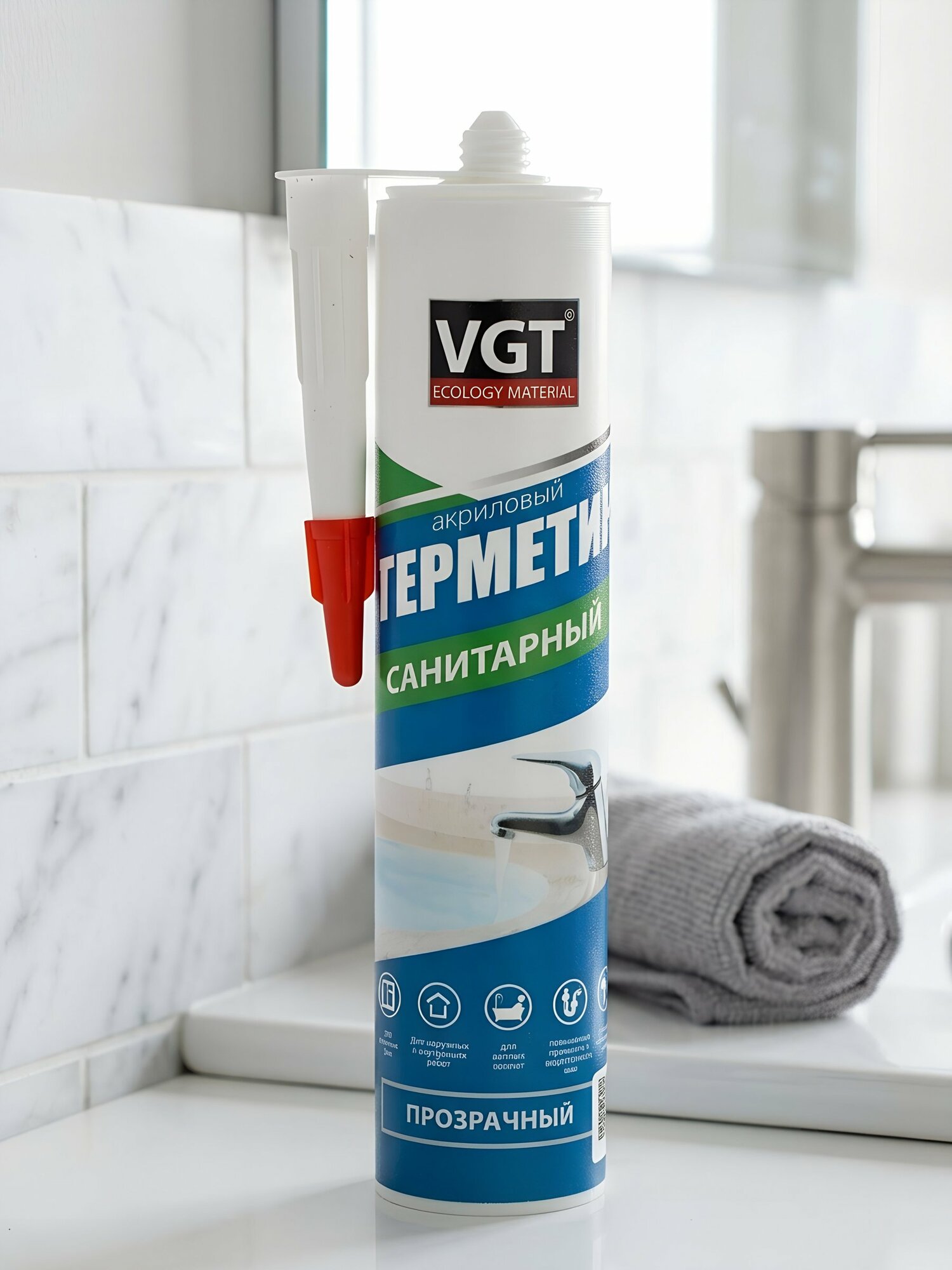Герметик акриловый санитарный VGT 280 г бесцветный для ванны и душевых кабин, влагостойкий эластичный состав для швов