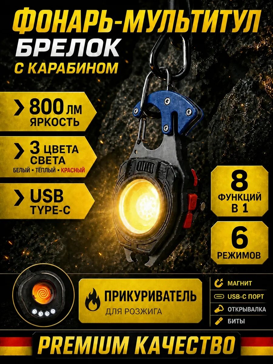 Фонарь мультитул брелок универсальный