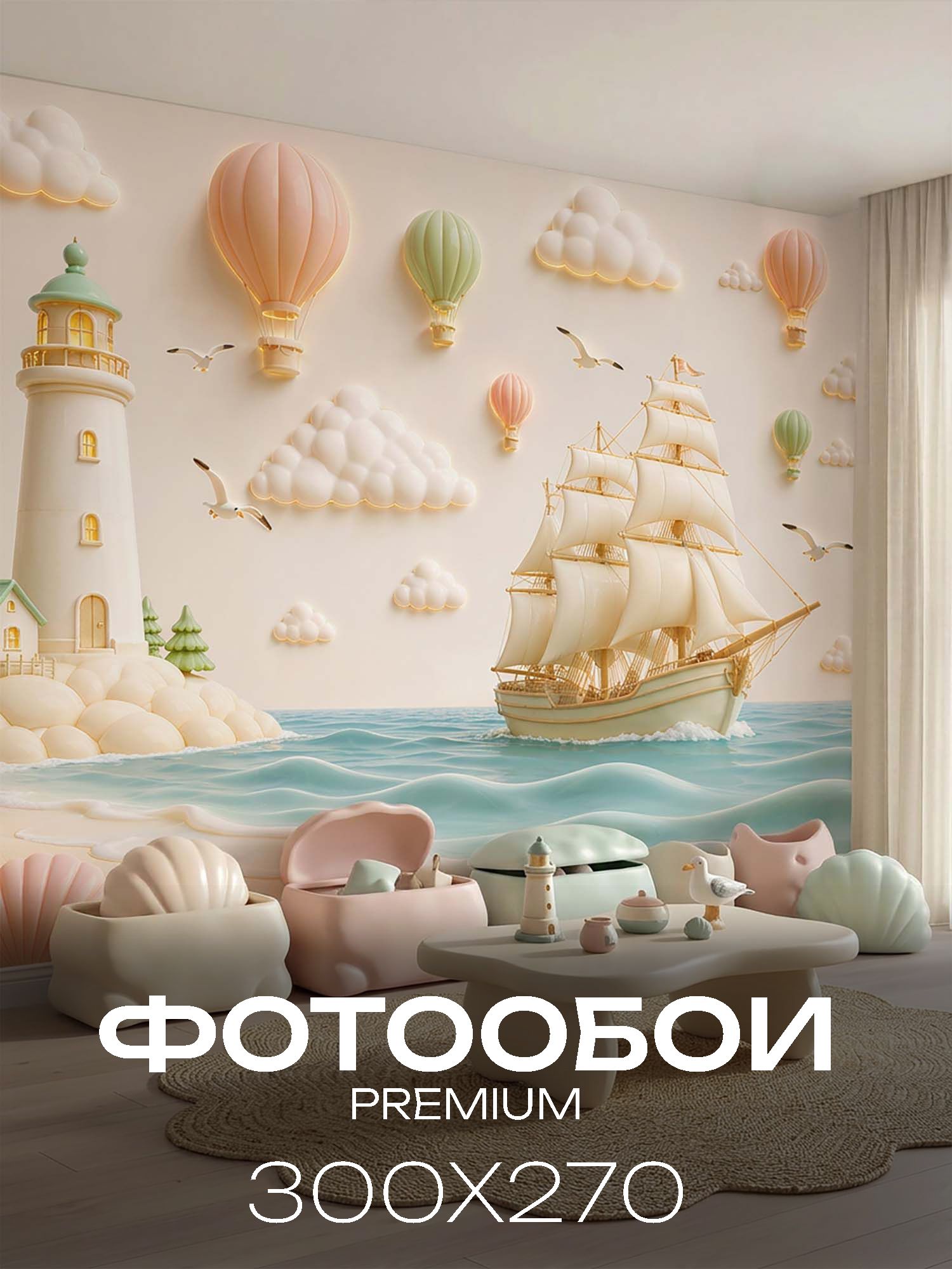 Фотообои на стену в детскую флизелиновые 3D 300х270 для мальчика и девочки (корабль в море)