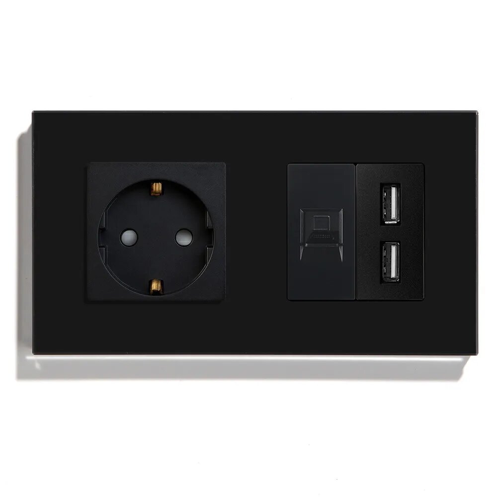 Розетка с комп RJ-45 /2USB, интернет розетка CAT5+USB, рамка стекло Черная