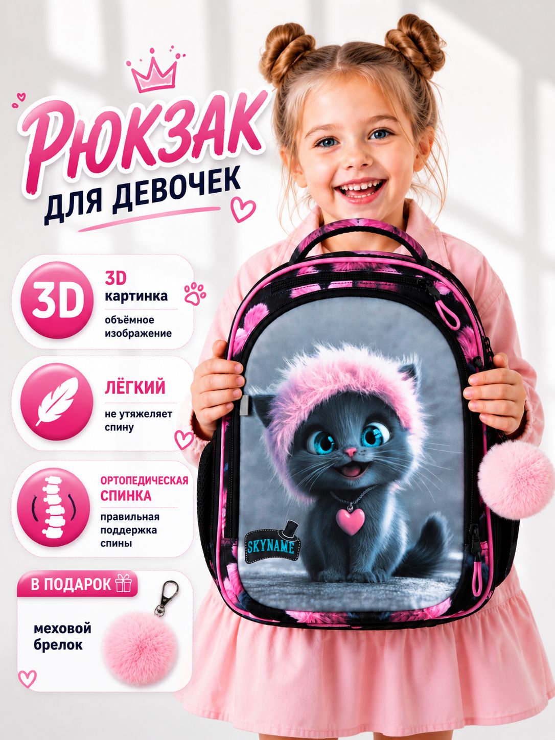 Рюкзак школьный для девочки 1-4 класс + брелок, SkyName (СкайНейм)