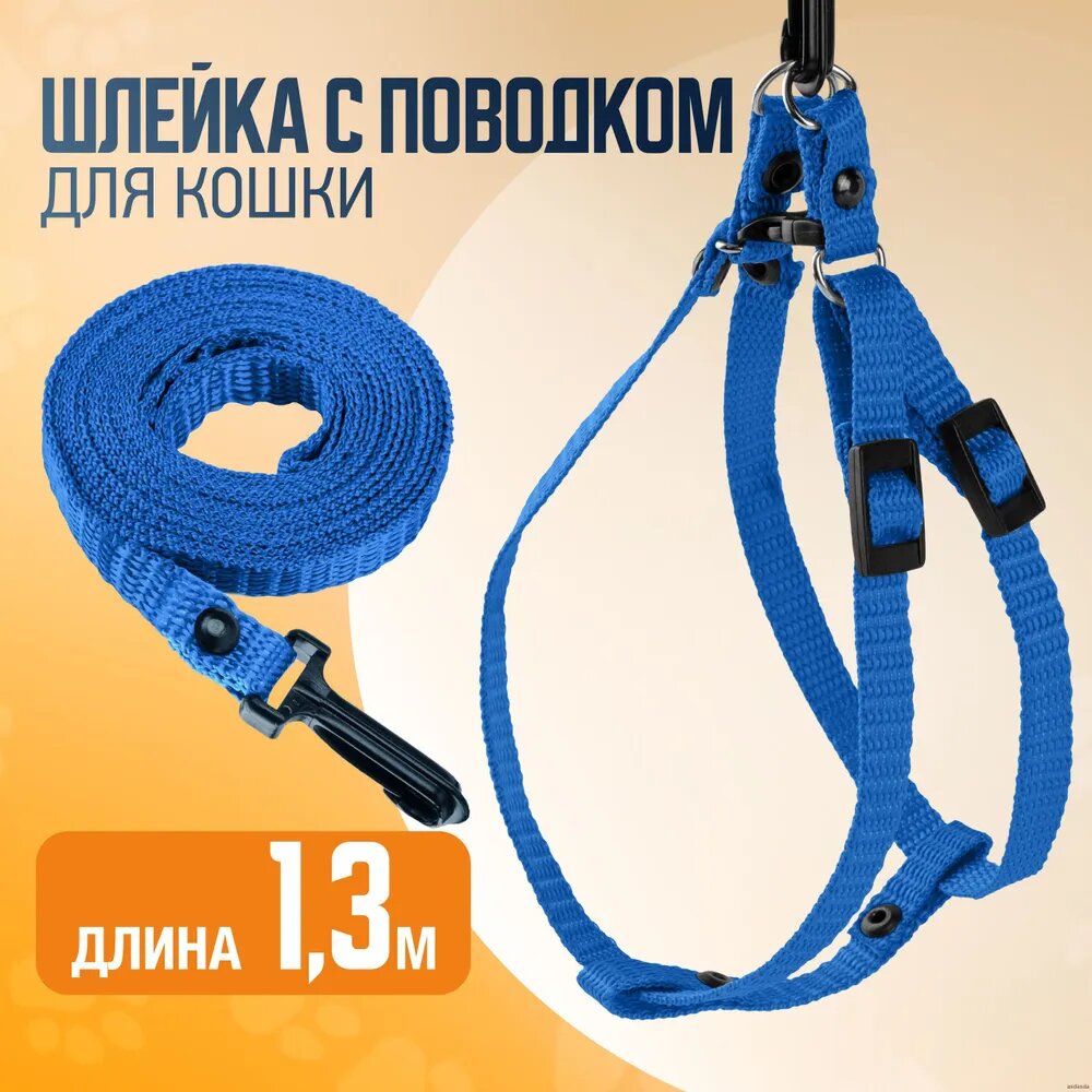 Шлейка быстросъемная с поводком 1,3 м для кошки синяя