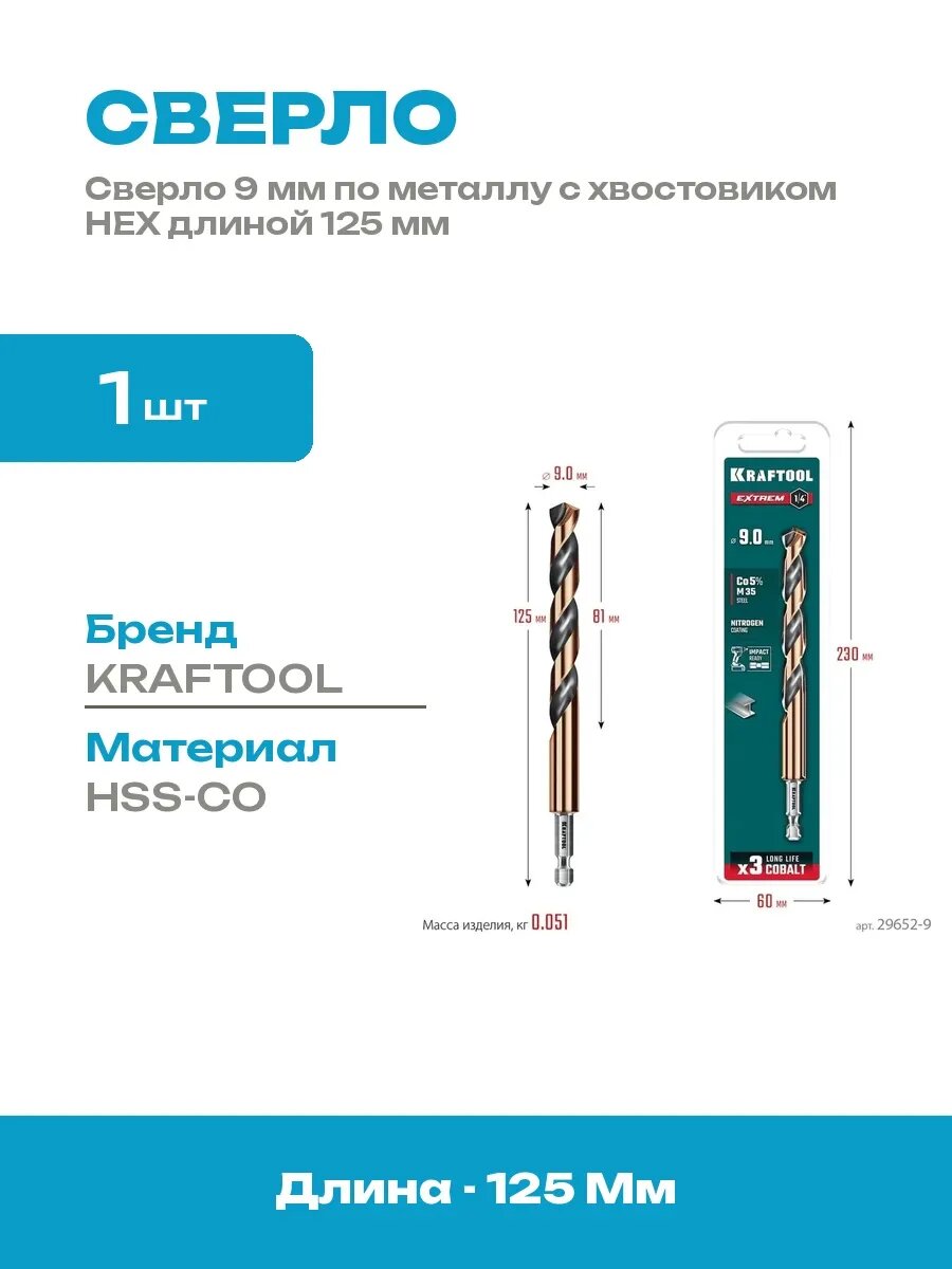 Сверло 9 мм по металлу с шестигранным хвостовиком для дрели