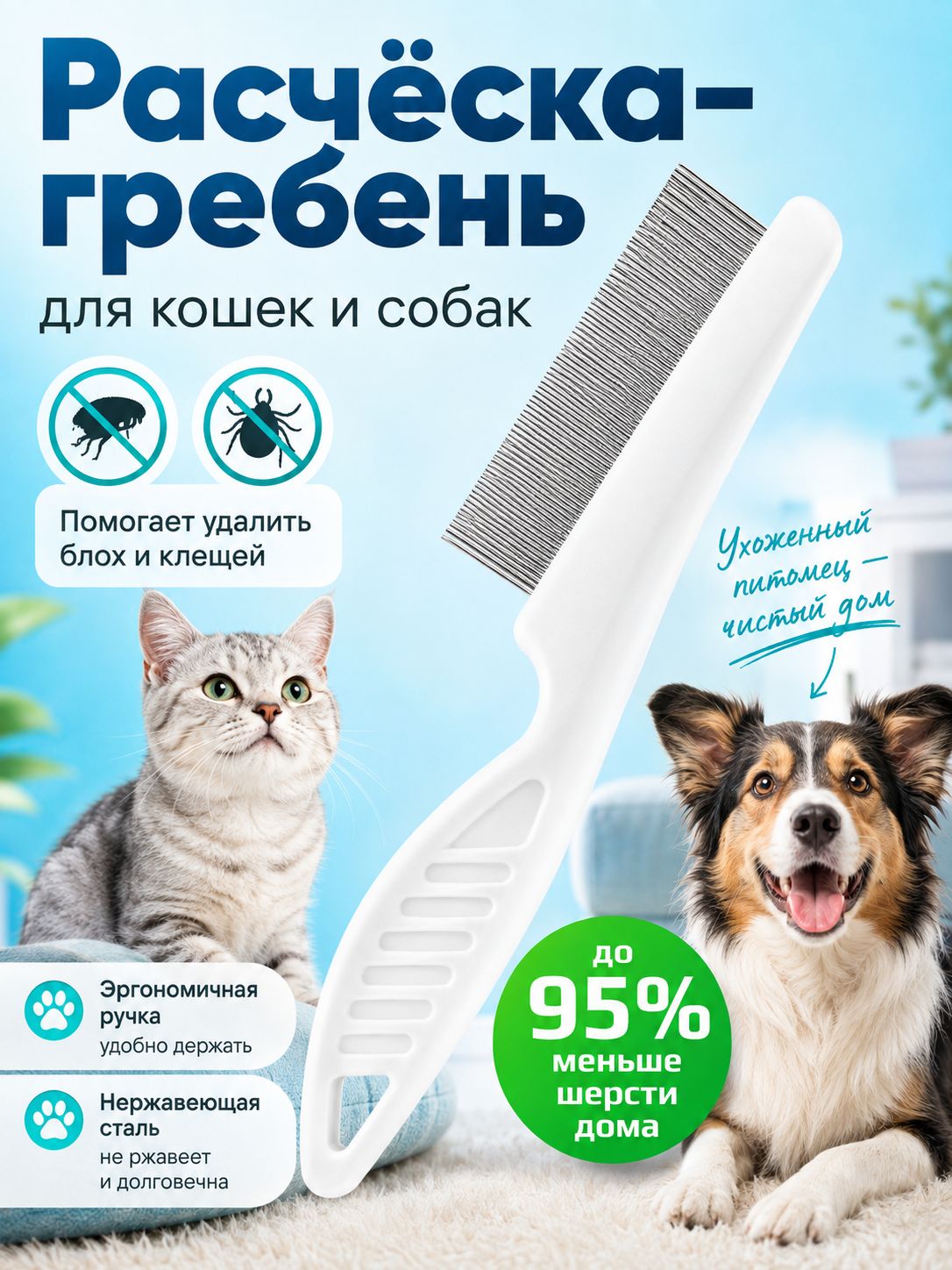 Пуходёрка для кошек и собак, белая, с нержавеющими зубьями