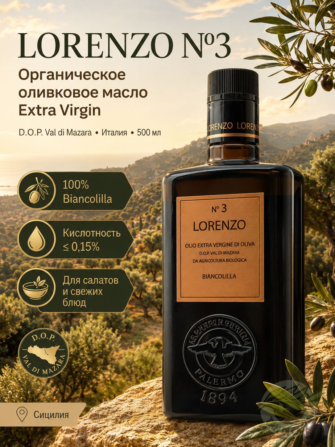 Оливковое масло Lorenzo №3 Barbera Extra Virgin DOP нерафинированное высшего качества, Италия, 500 мл