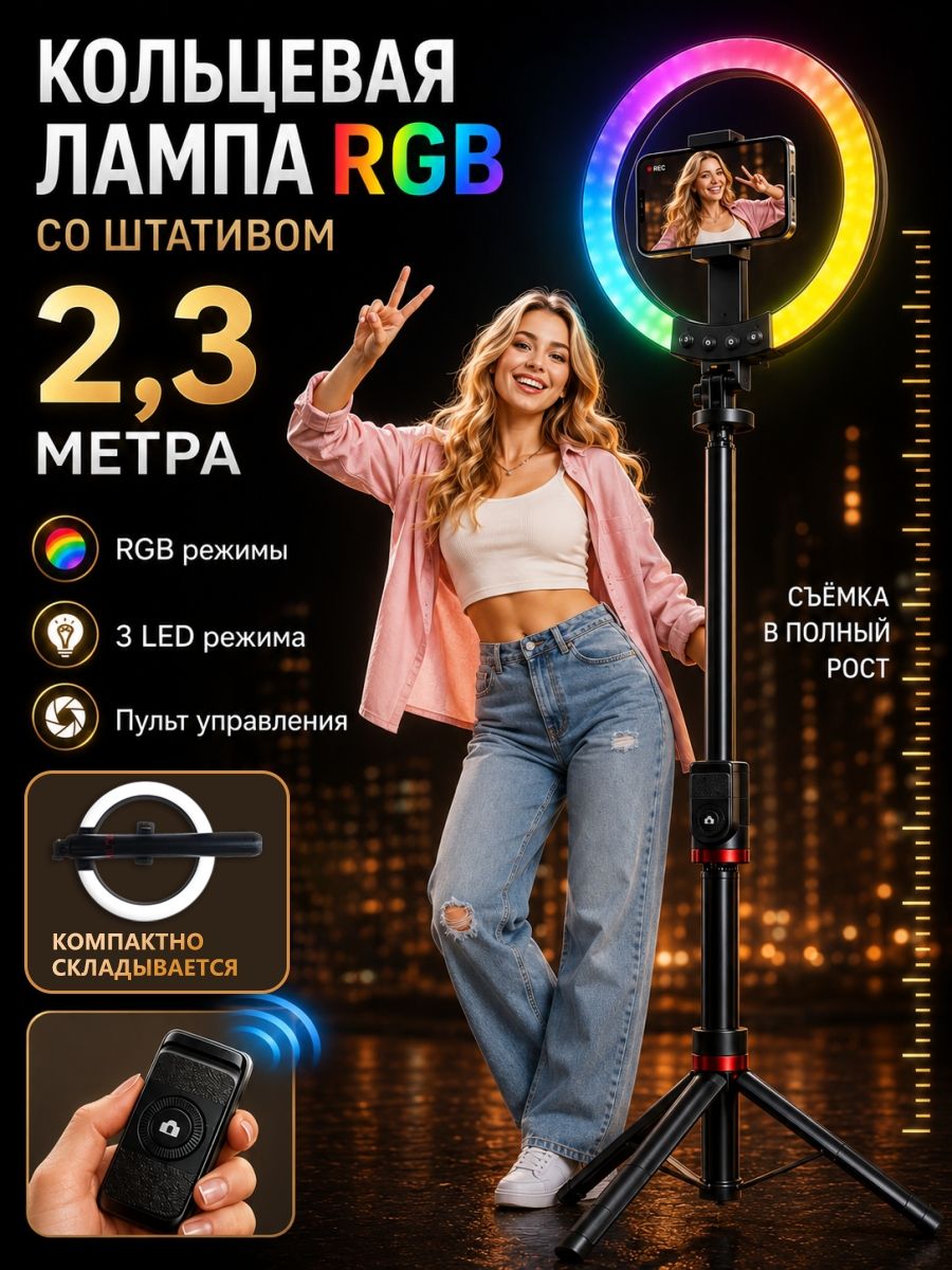 Кольцевая лампа со штативом 2,3 м RGB LED для телефона и селфи, с Bluetooth-пультом для съемки видео и фото