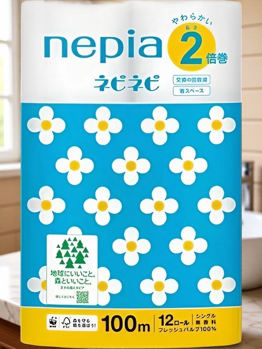 NEPIA Premium Soft Туалетная бумага - увеличенная намотка 100 м - Премиальная однослойная гипоаллергенная без флуоресцентных осветлителей, 12 рулонов. Япония.