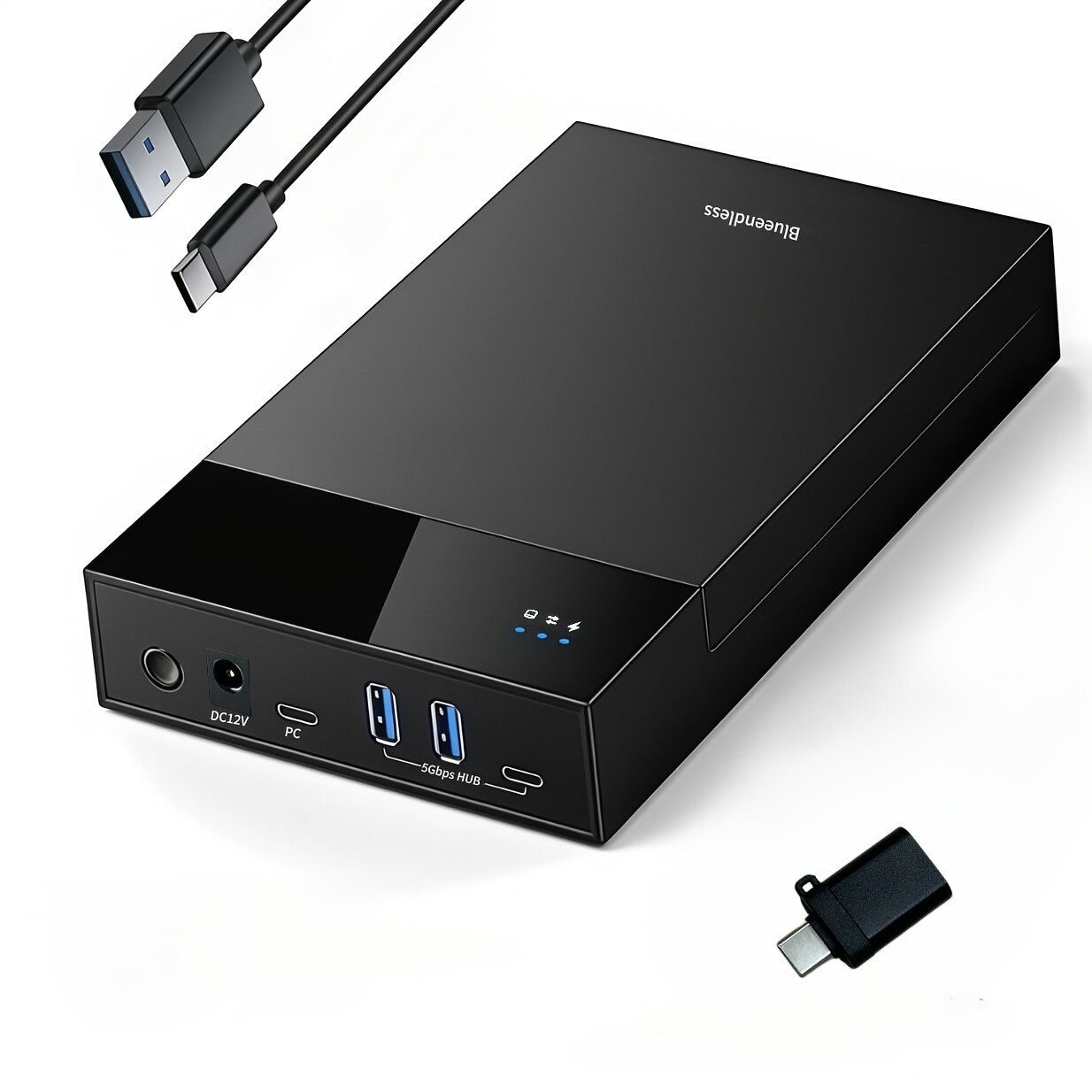 Бокс для жёсткого диска и SSD 2.5/3.5 дюйма SATA с интерфейсом USB 3.0, портами Hub и поддержкой до 20 ТБ, чёрный