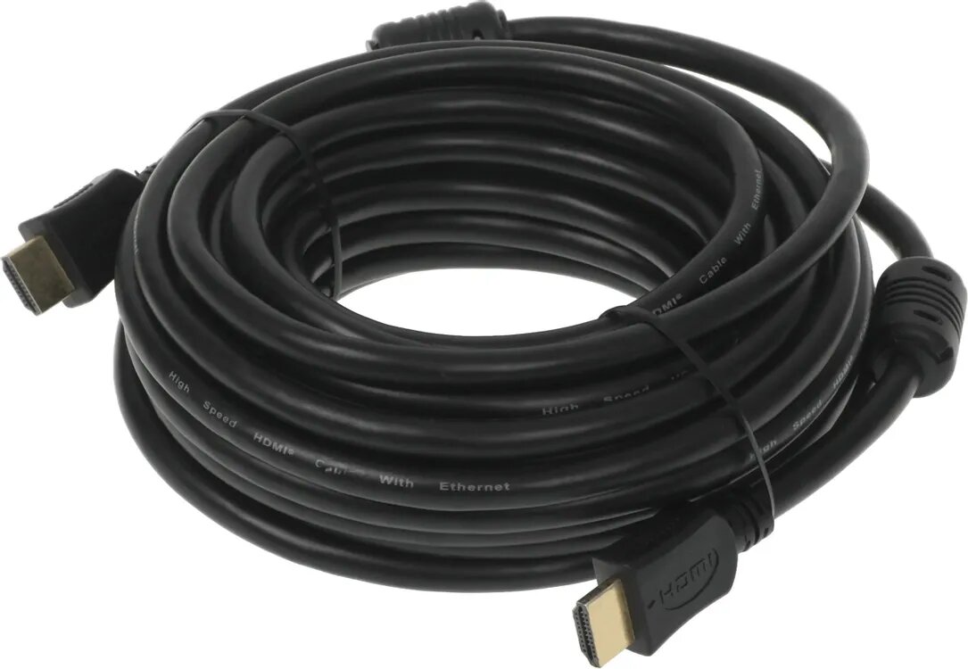 Кабель аудио-видео Buro BU-HDMI-v1.4-10M-FF, HDMI (m) - HDMI (m), ver 1.4, медный, 10м, GOLD, ф/фильтр, черный