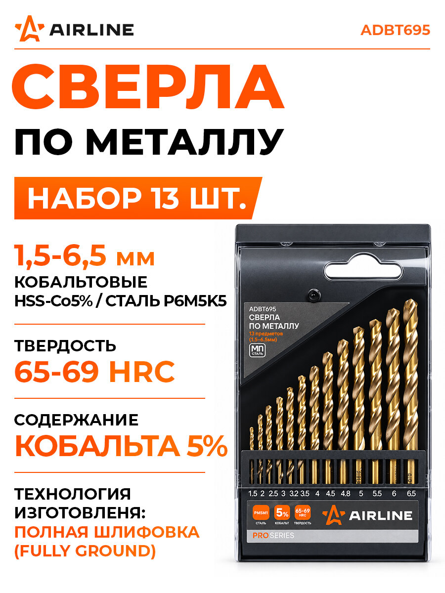 Сверло по металлу набор 13пр. (1,5 6,5мм) HSS Co5% кобальт PRO (сталь P6M5К5) МП серия AIRLINE ADBT695