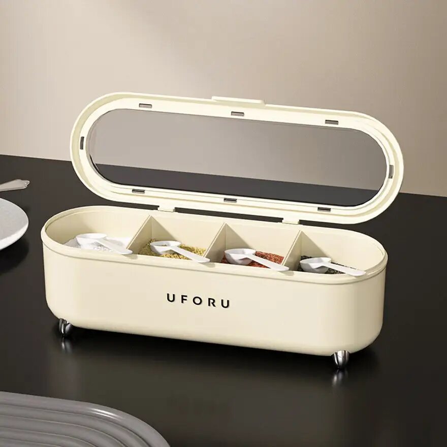 Эксклюзивная пластиковая ёмкость UFORU с ложкой, 4 секции, бежевый оттенок