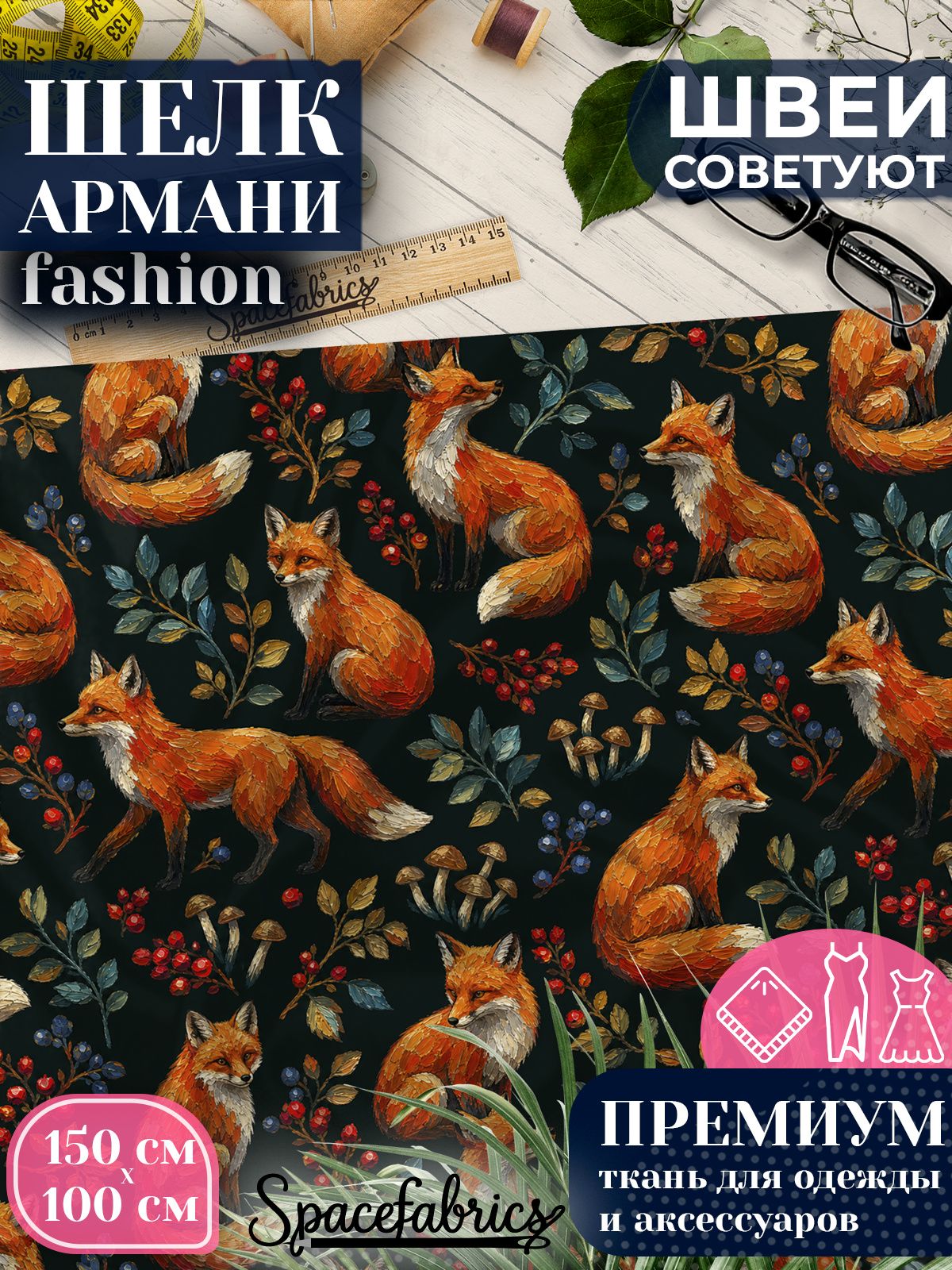 Ткань для шитья шелк Армани, искусственный атлас шелк для костюмов, платьев, юбок с принтом Лисы