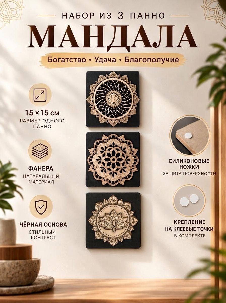 Декоративное панно мандала из дерева, декор для дома, Мандала Богатство, благополучие, удача