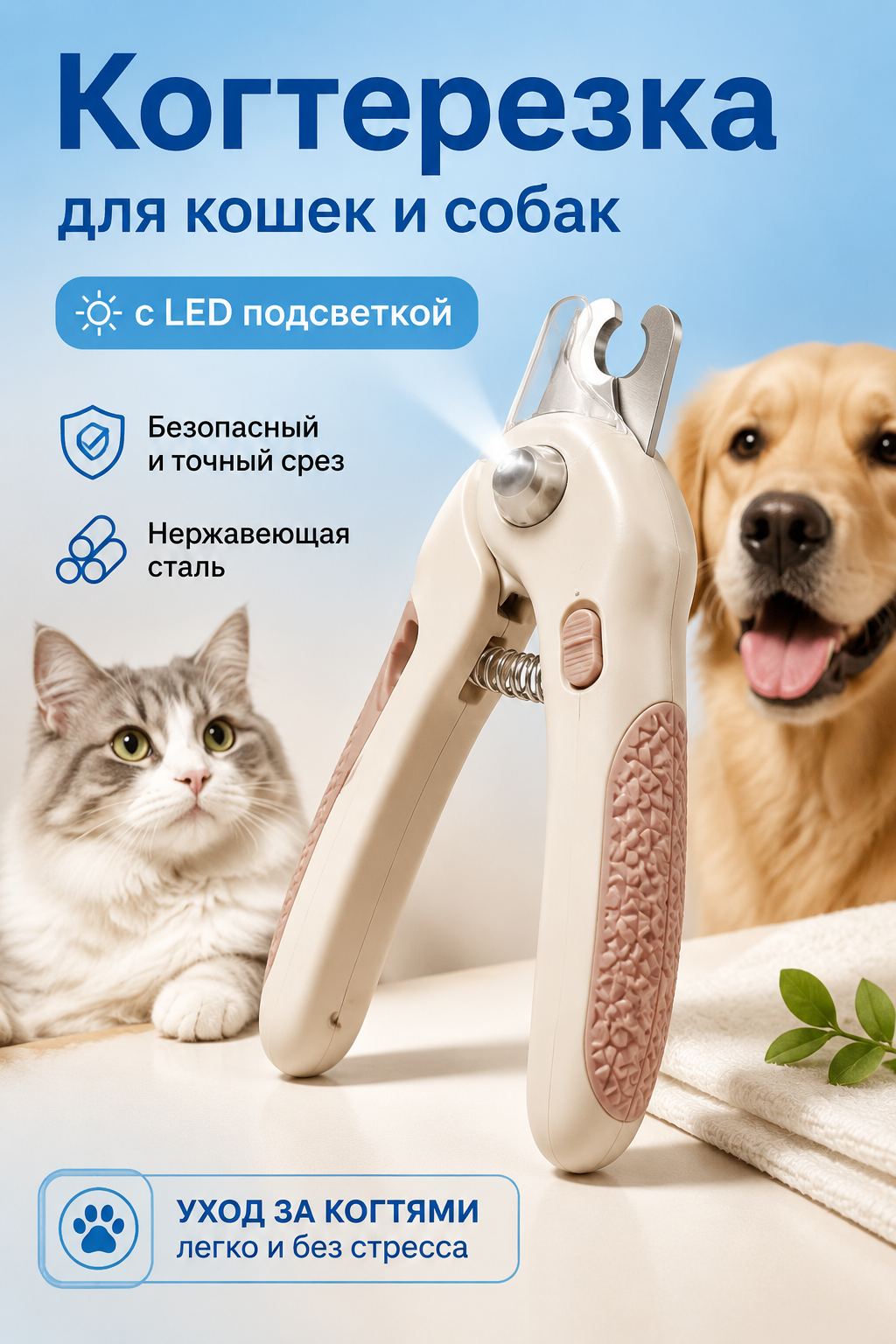 Когтерезка для кошек и собак с LED подсветкой, нержавеющая сталь, бежевая