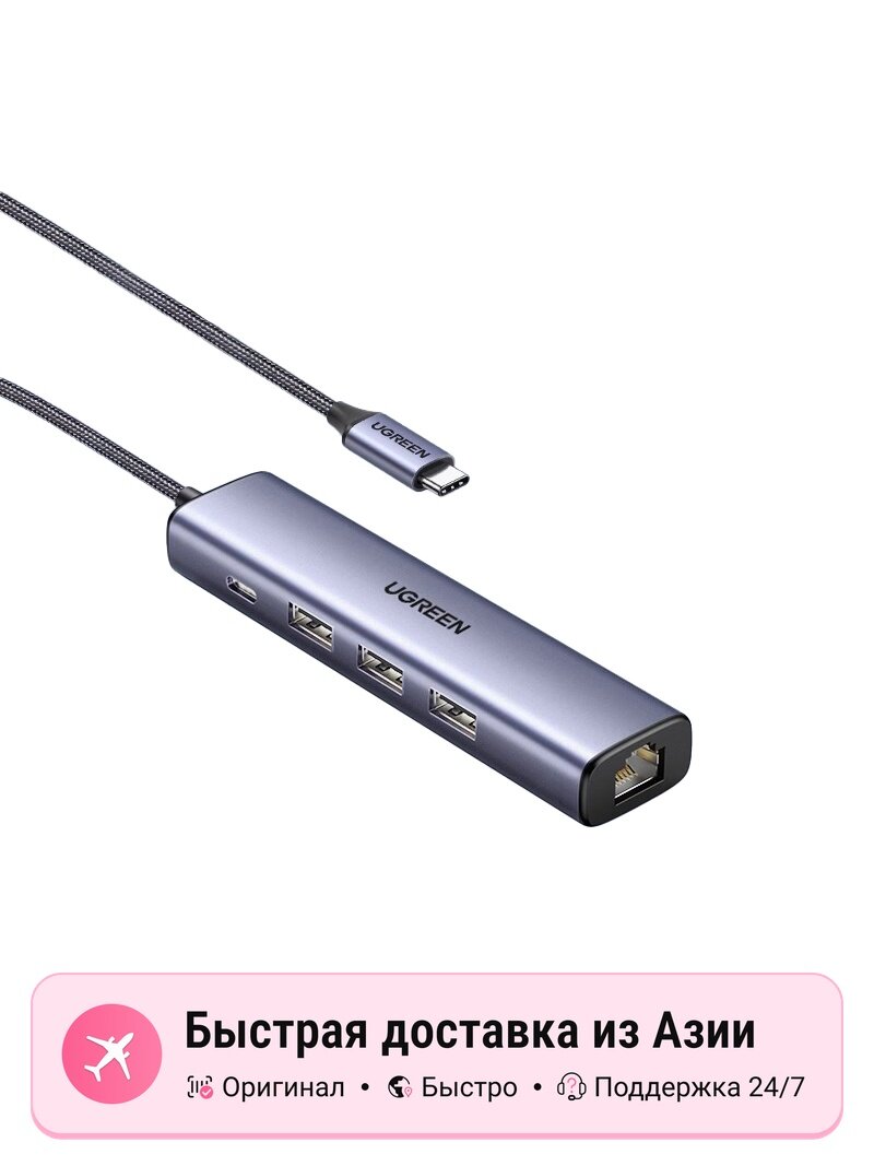 USB-C хаб UGREEN 5-in-1, usb3.0x3 + gigabit ethernet port + pd-20932